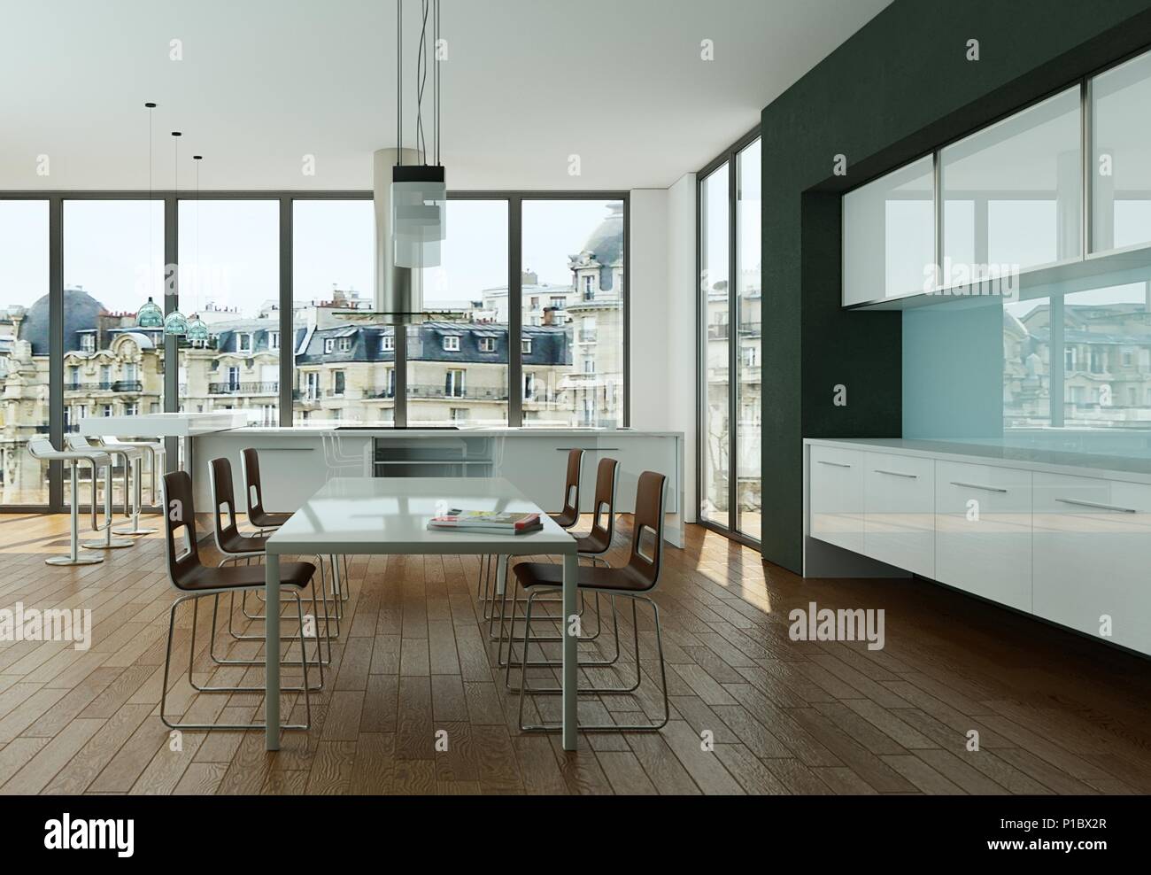 White modern kitchen in loft with big windows Stock Photo - Alamy