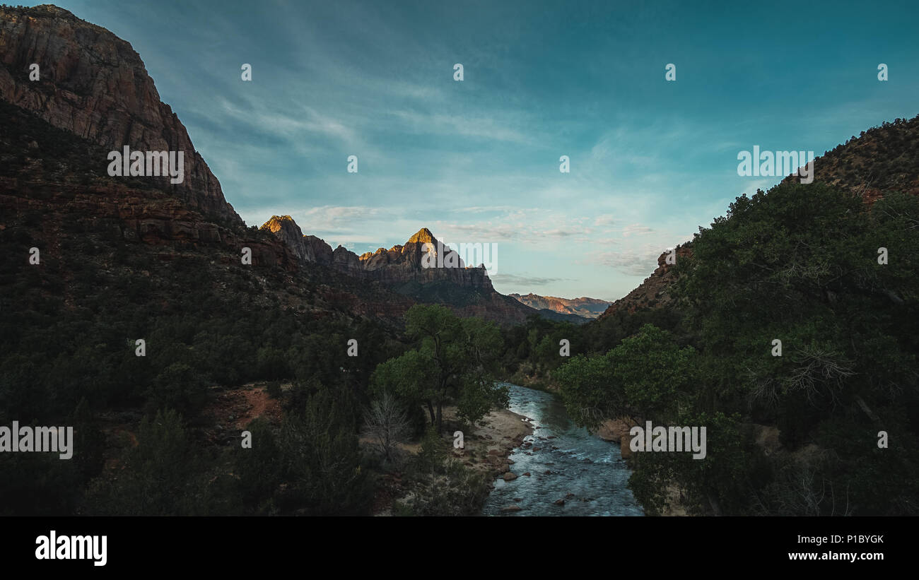 The Virgin River and the Watchman mountain in Zion National Park at ...