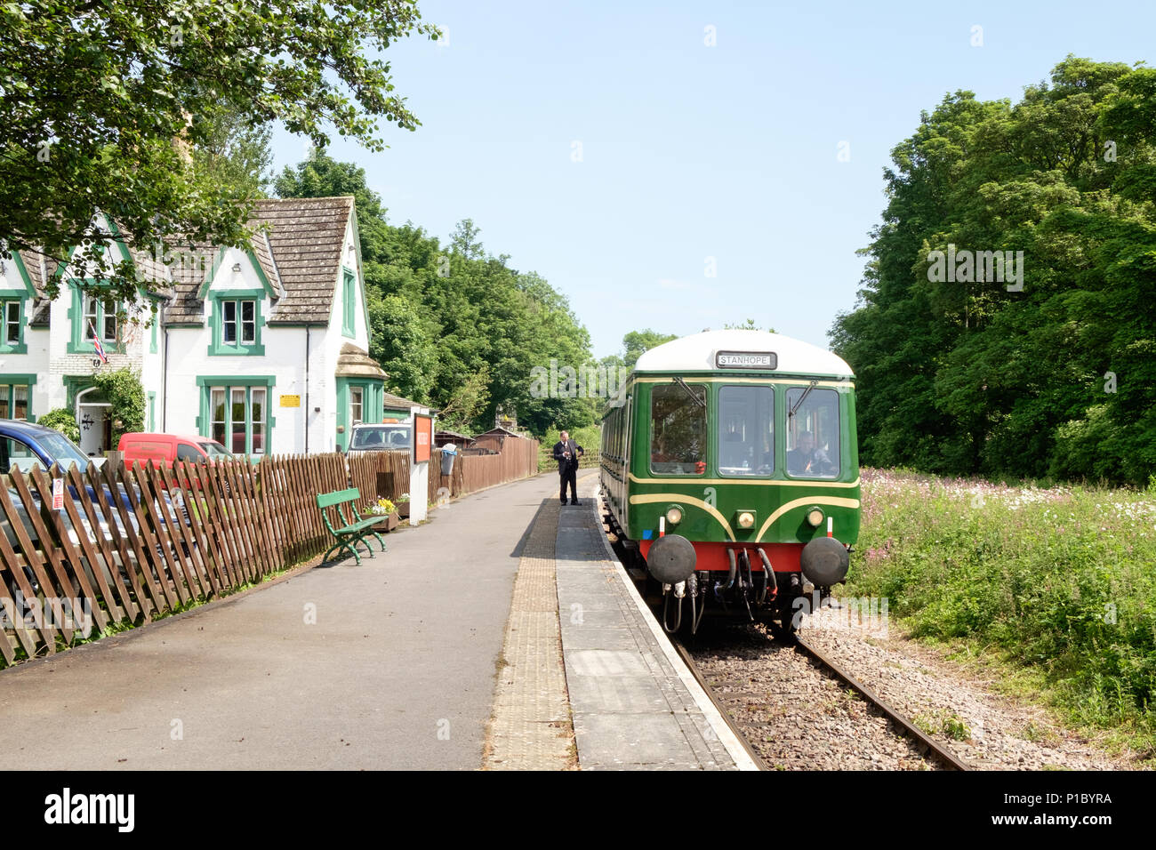 A train at the platform of Frosterley Station, on the Weardale Railway ...