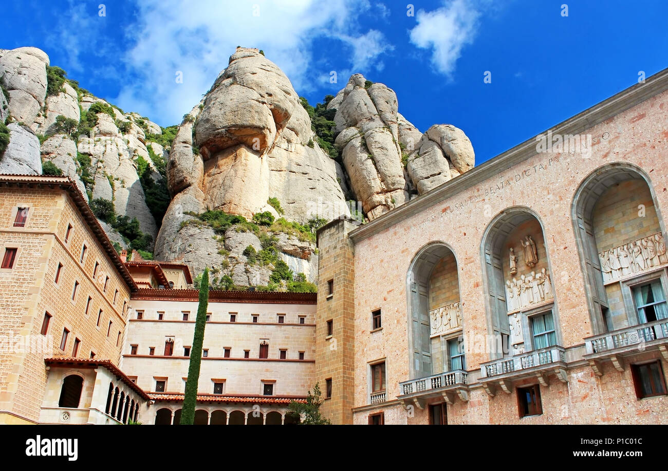 View of Montserrat Monastery. Beautiful Benedictine Abbey, high in ...