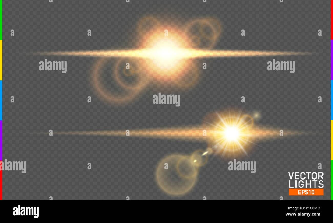 Abstract golden front sun lens flare transparent special light effect design. Vector blur in ...