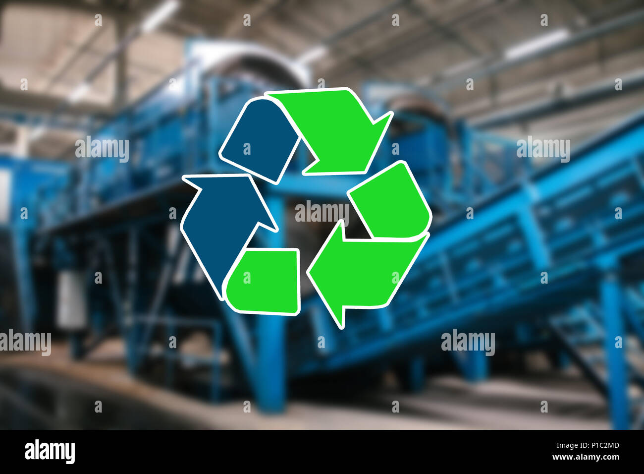 Sign recycling waste. The waste sorting and processing plant is blurry ...