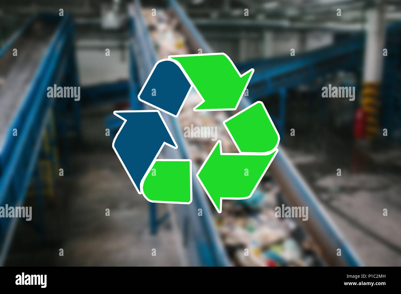 Sign recycling waste. The waste sorting and processing plant is blurry ...