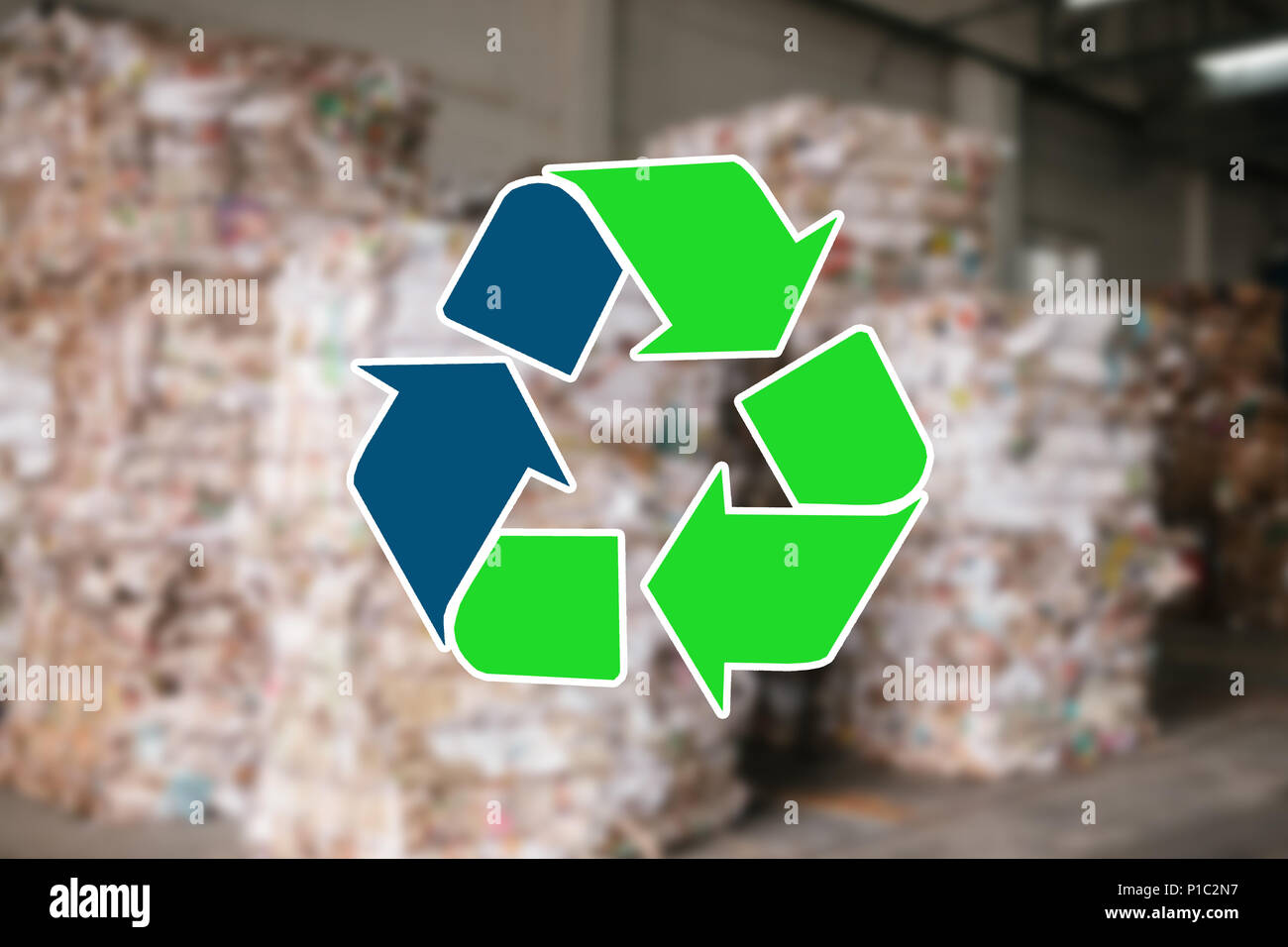 Sign recycling waste. The waste sorting and processing plant is blurry ...