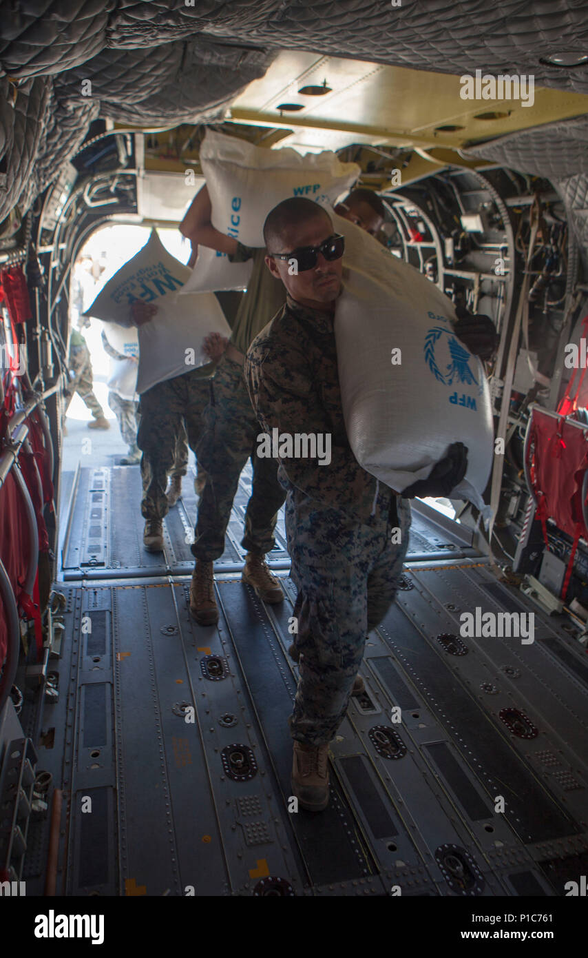 U.S. service members from Joint Task Force Matthew load bags of rice ...