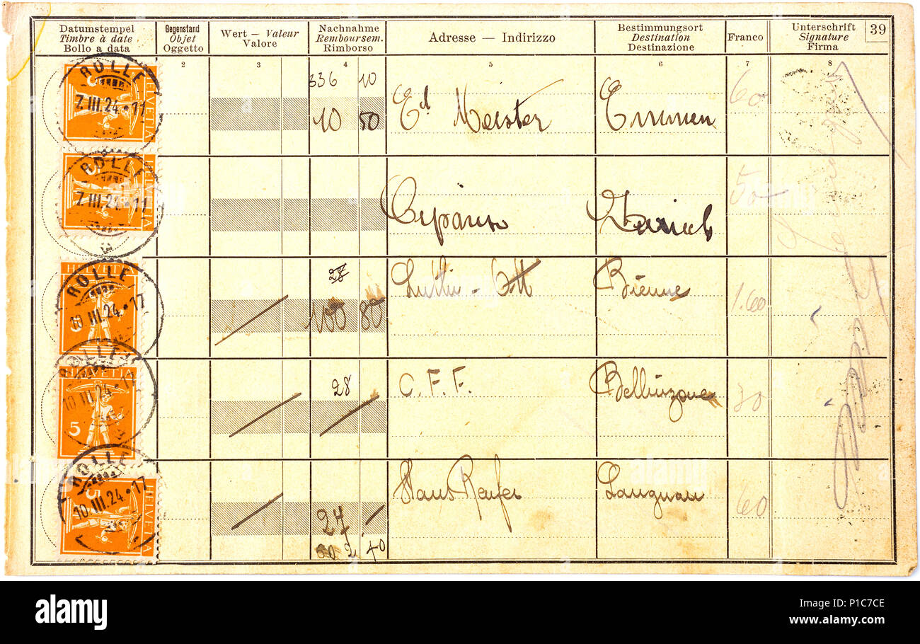 Stamped page from 1923 receipt book at Swiss post office Stock Photo ...