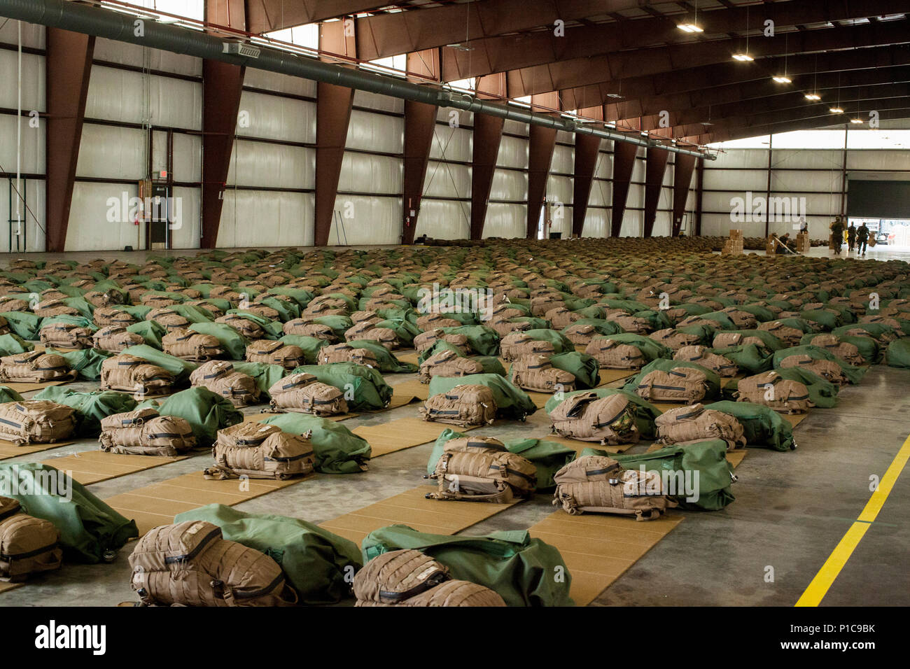U.S. Marine Recruits with B. Co., 1st Battalion, stage gear in a ...