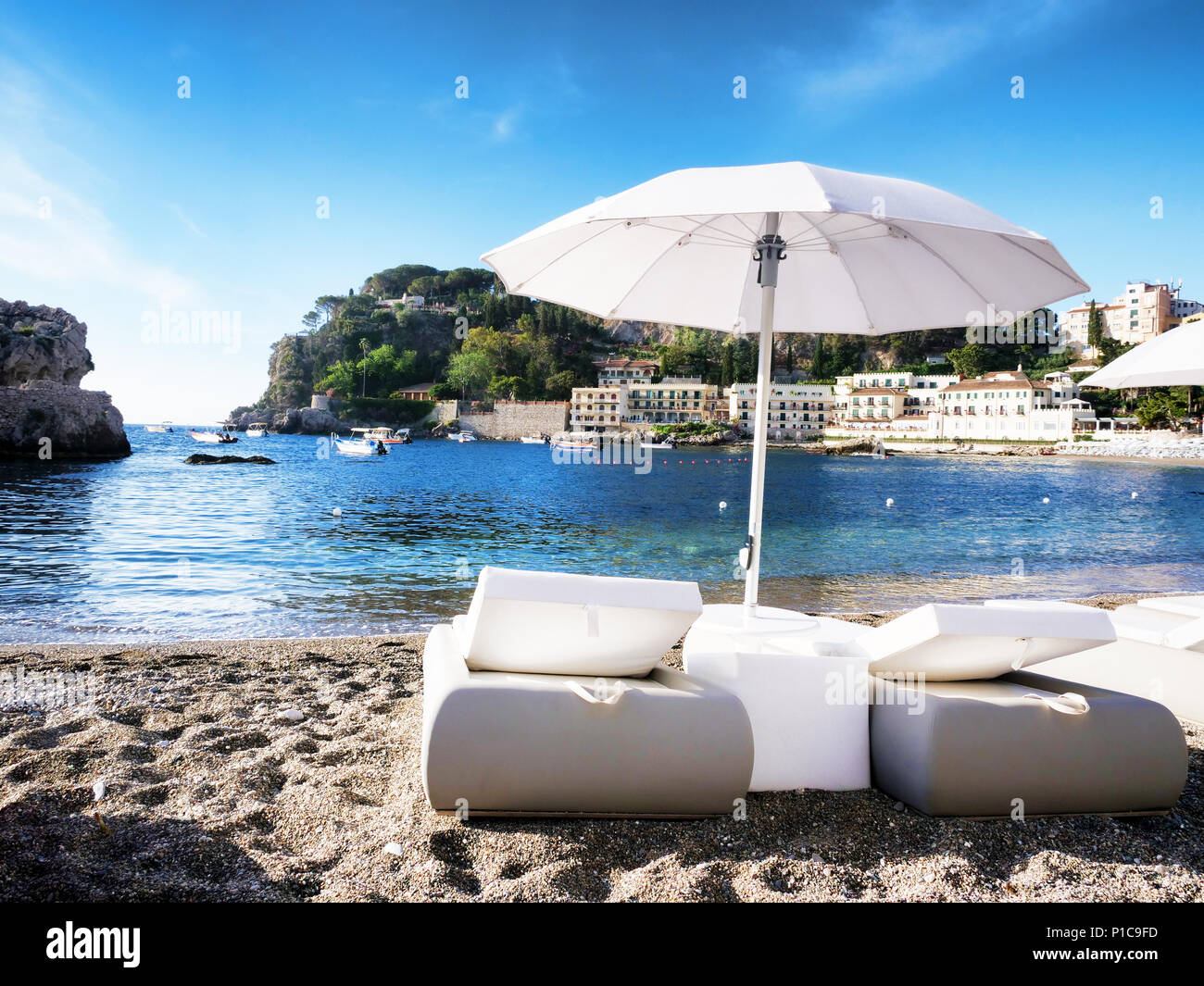 White elegant Sunbeds for romantic vacation at Mazzaro beach in Sicily ...