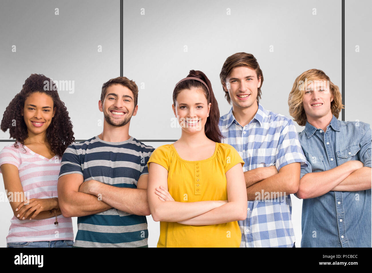 Composite image of happy college students with arms crossed Stock Photo ...