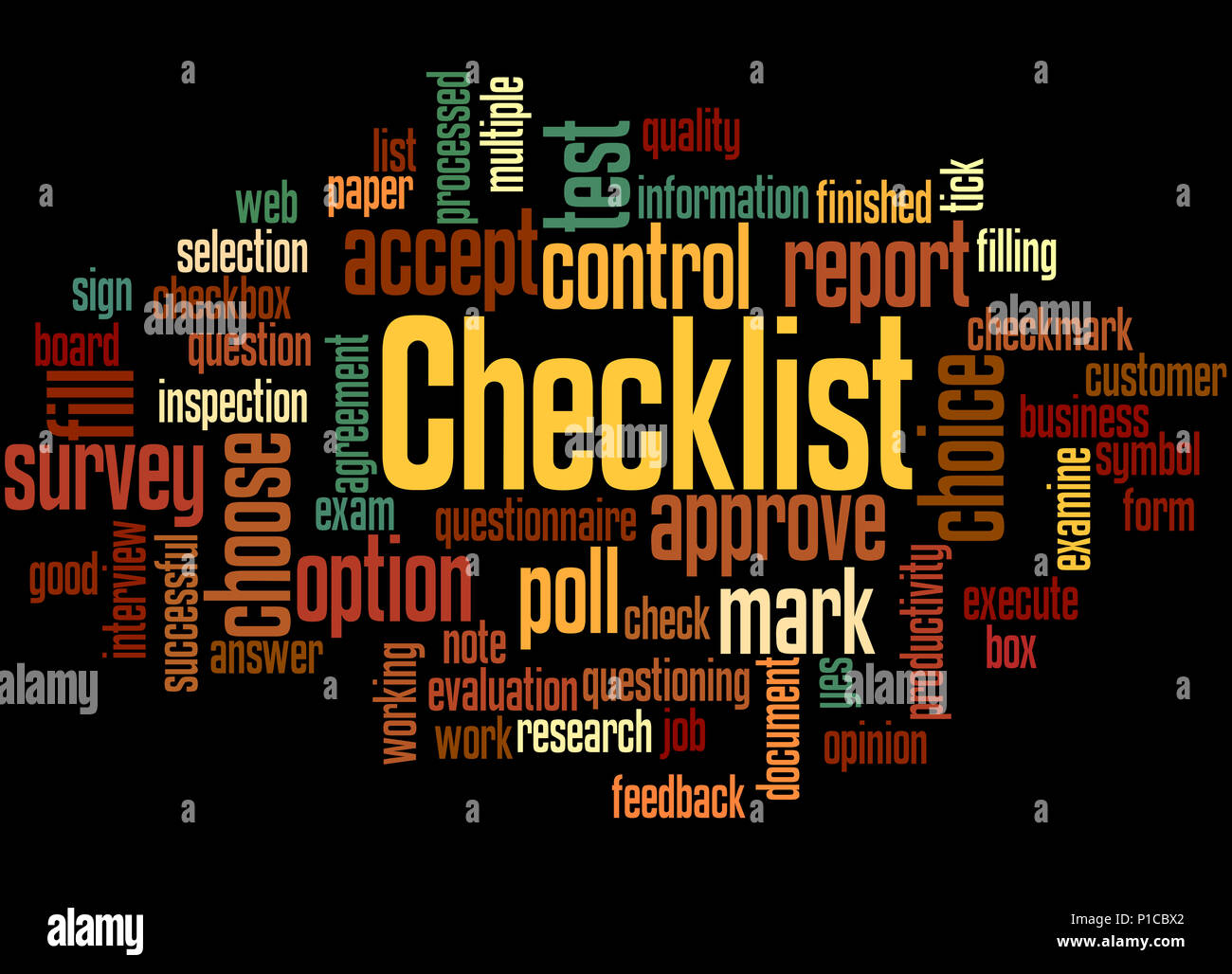 Checklist, word cloud concept on black background Stock Photo - Alamy