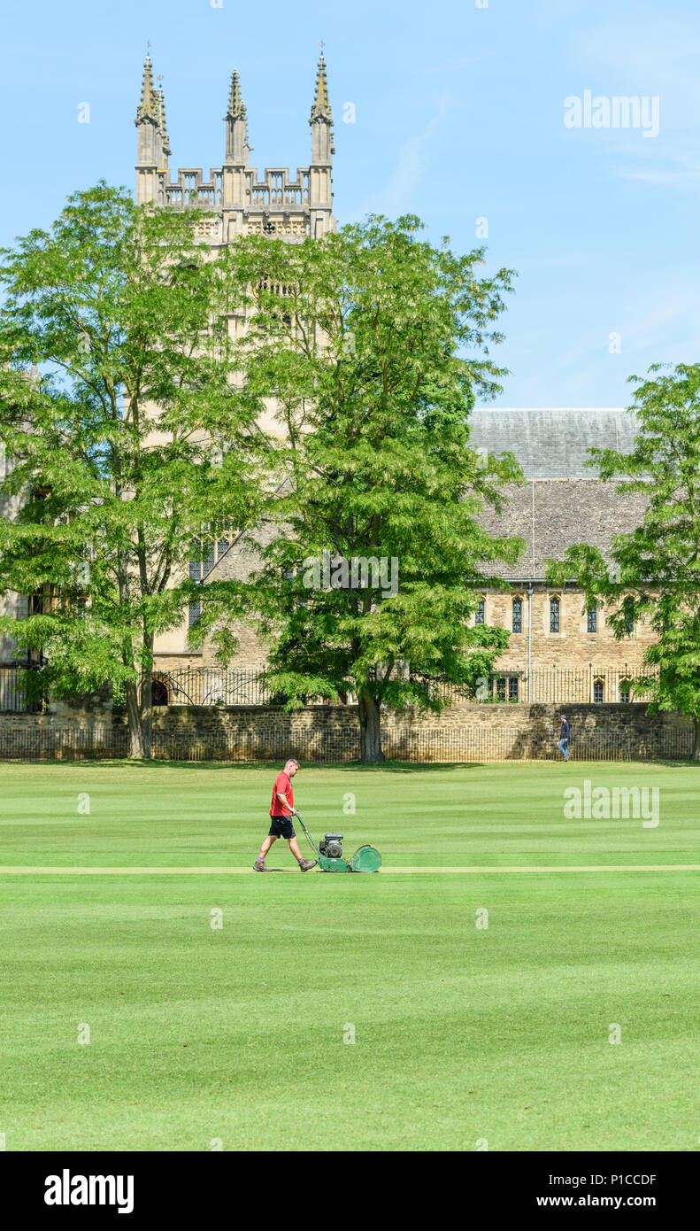 A groundsman mows the cricket pitch on the playing field (known as ...