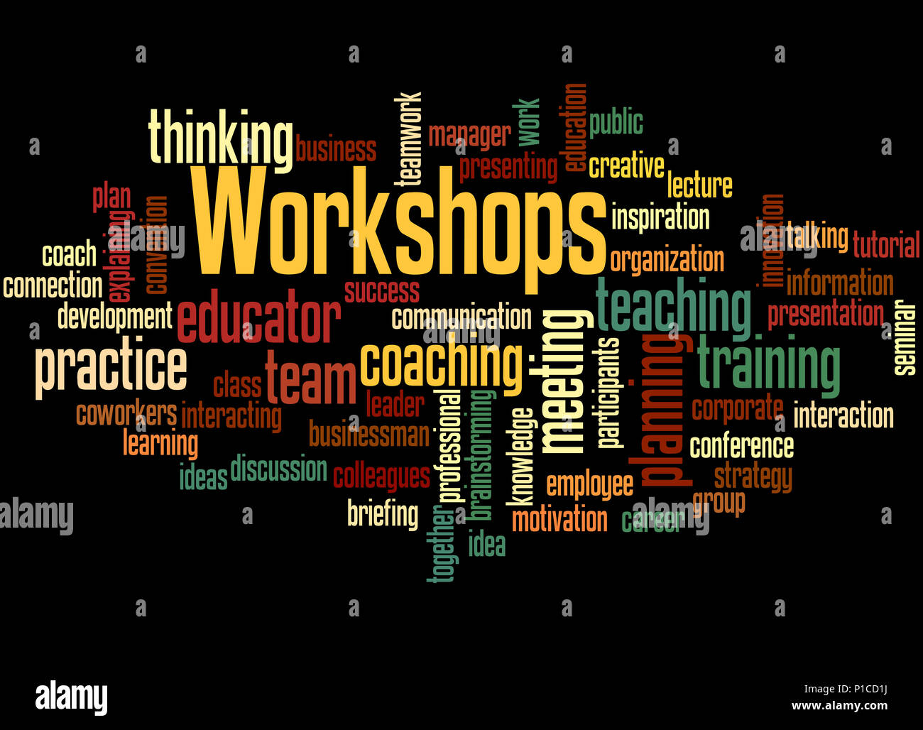 Workshops, word cloud concept on black background Stock Photo - Alamy