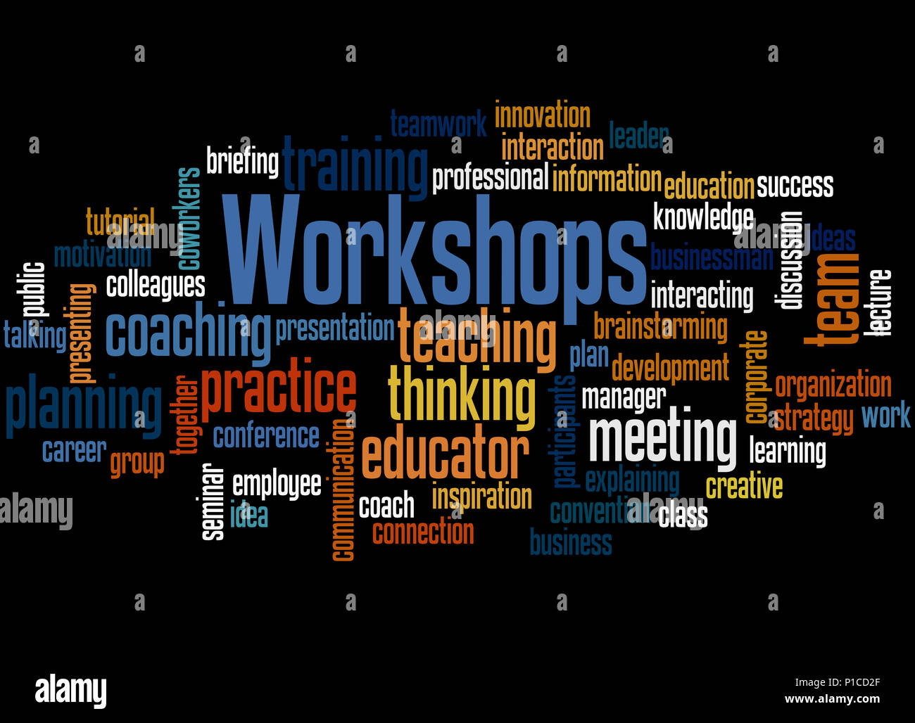 Workshops, word cloud concept on black background Stock Photo - Alamy