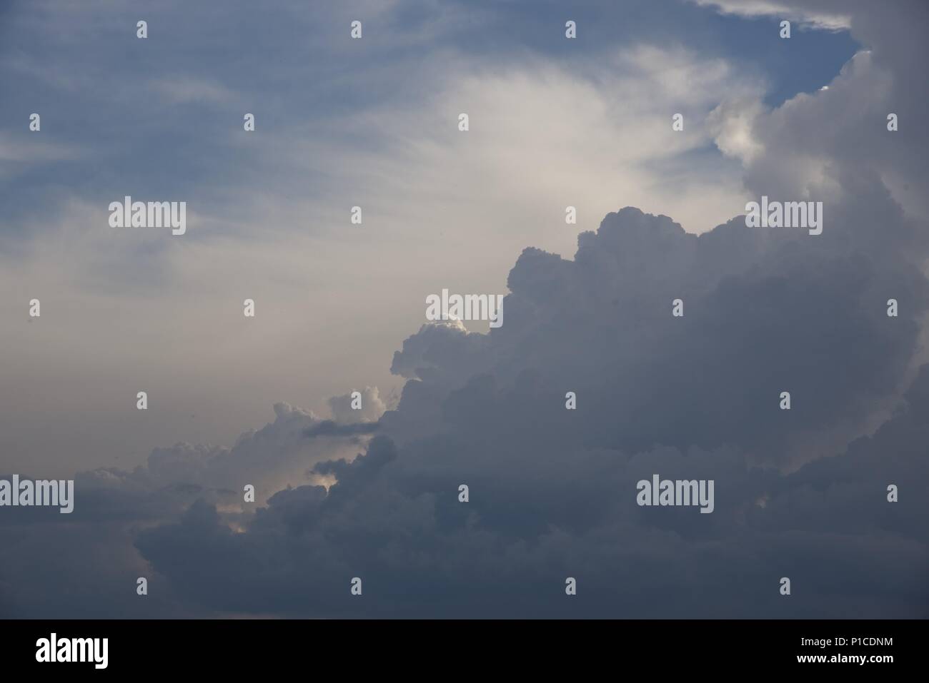 Cloudscape: a panoramic view of sky with cumulus and cirrus clouds ...