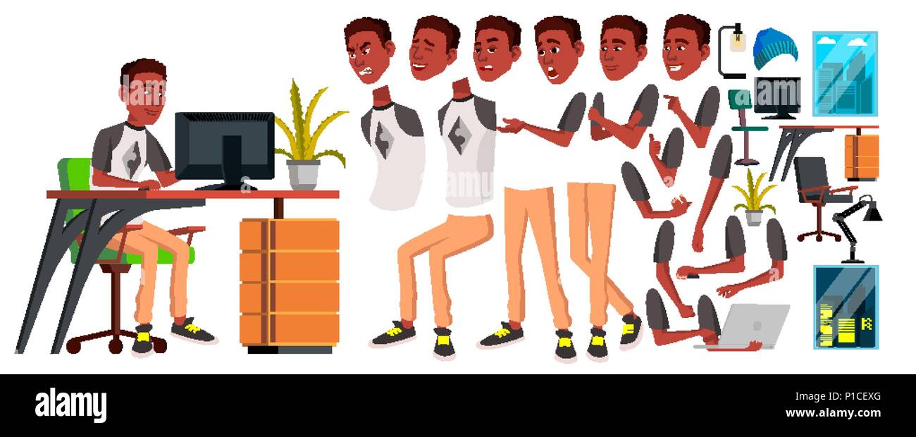 Office Worker Vector. Animation Creation Set. Black. African. Emotions ...