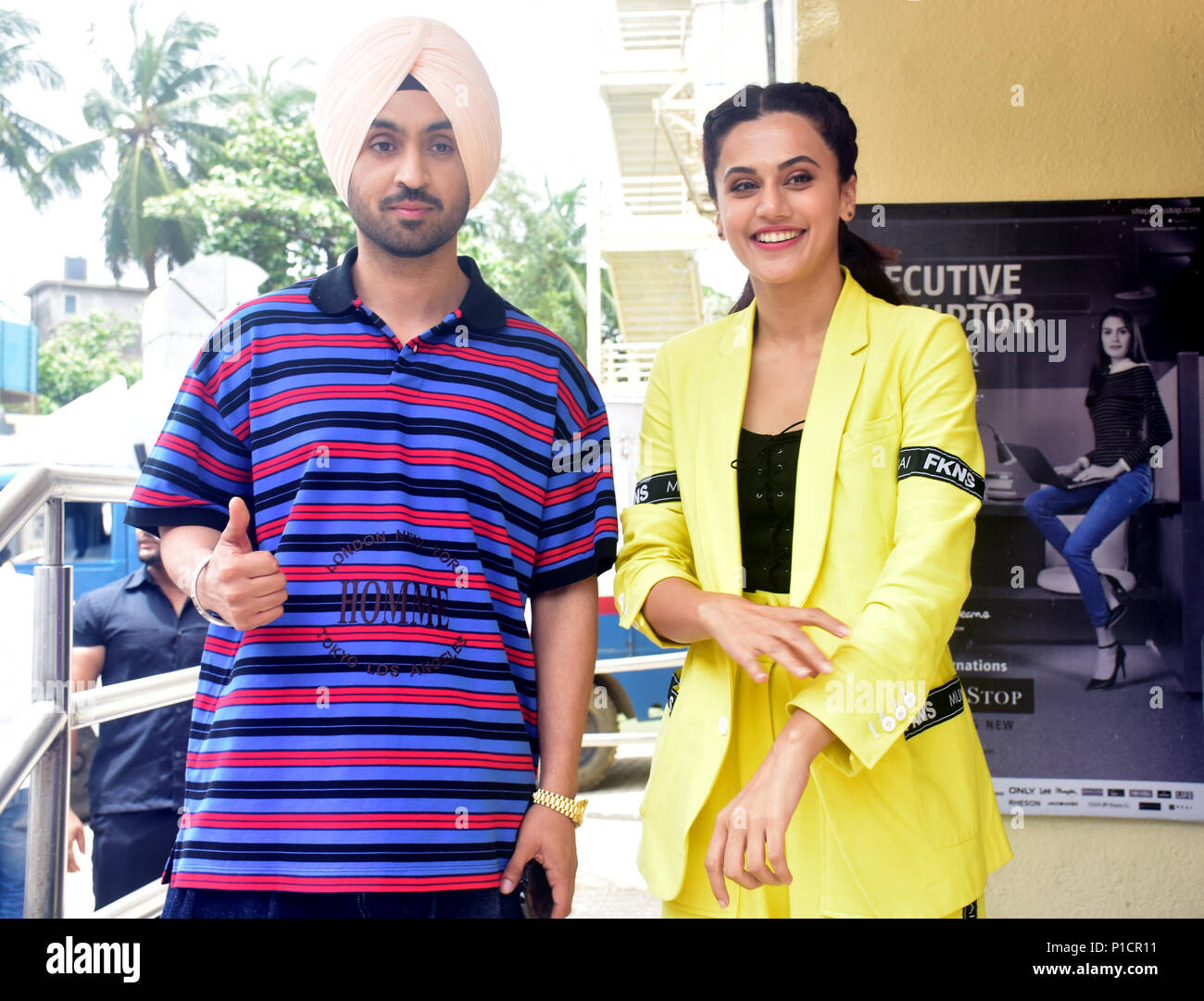 Indian film actor Diljit Dosanjh with Tapsee Pannu pose during trailer launch of their upcoming ...