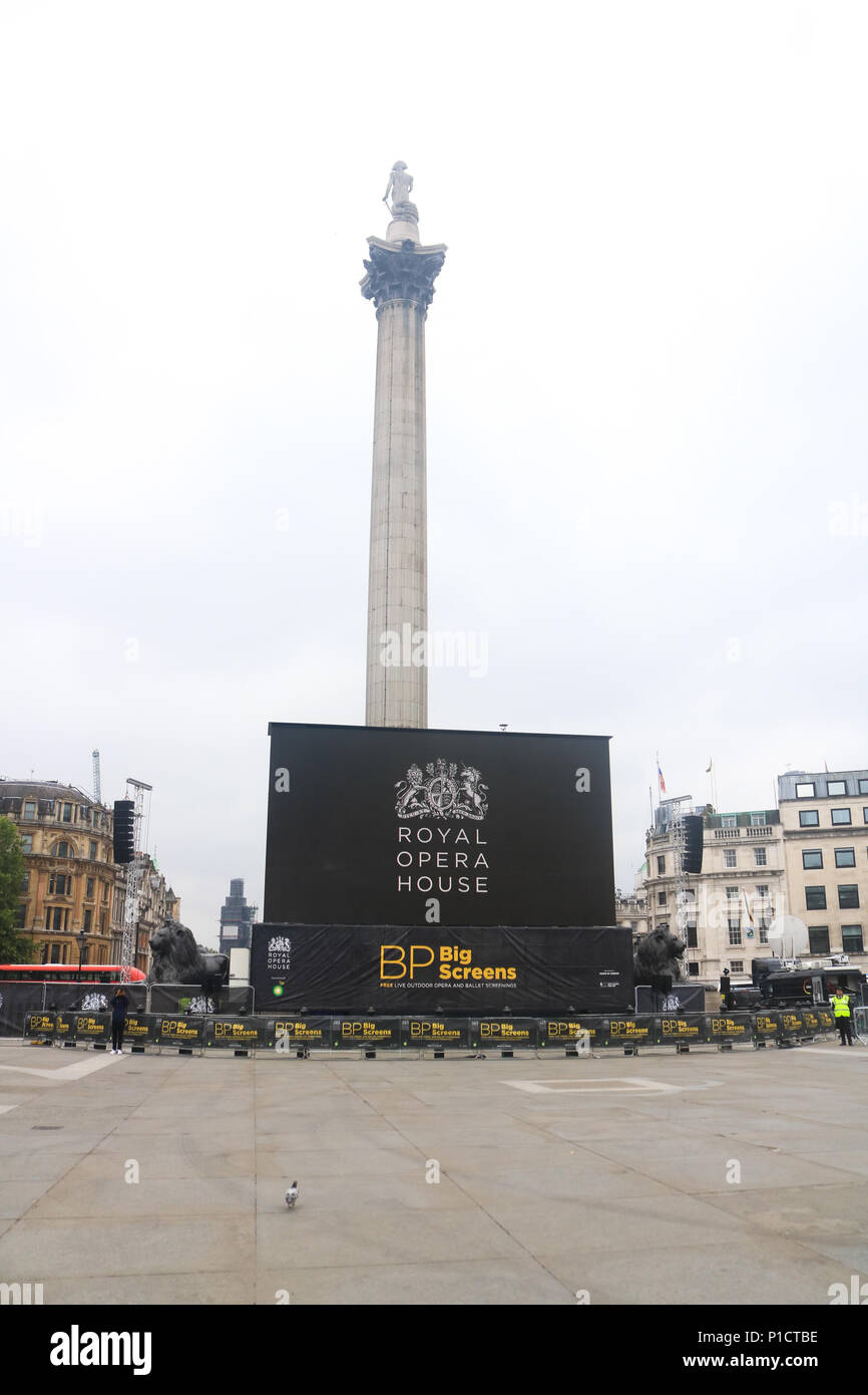 London UK. 12th June 2018. A large screen is erected in Trafalgar ...