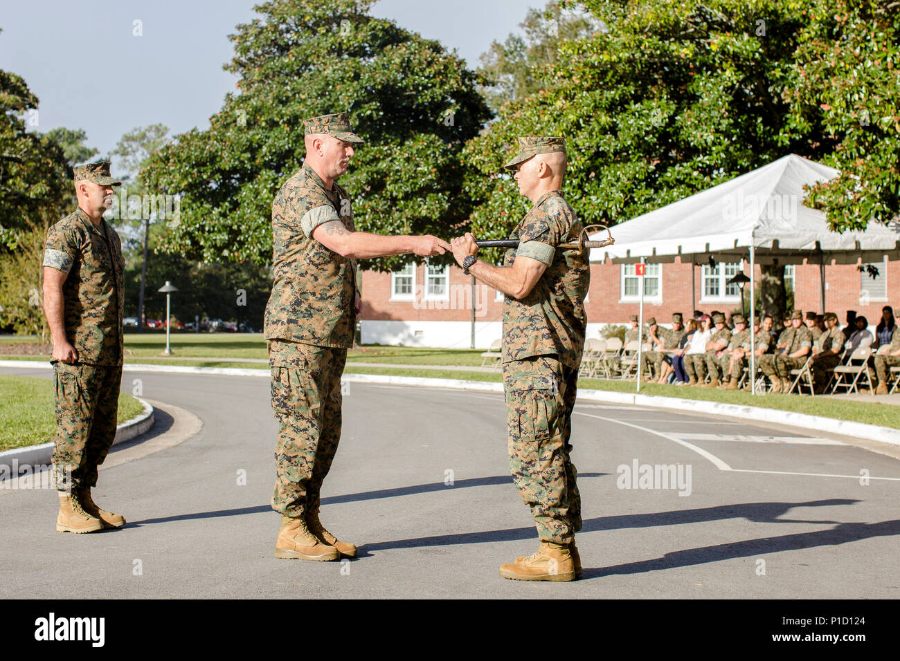U.S. Marine Corps Sgt. Maj. David L. Bradford, center, passes the sword ...