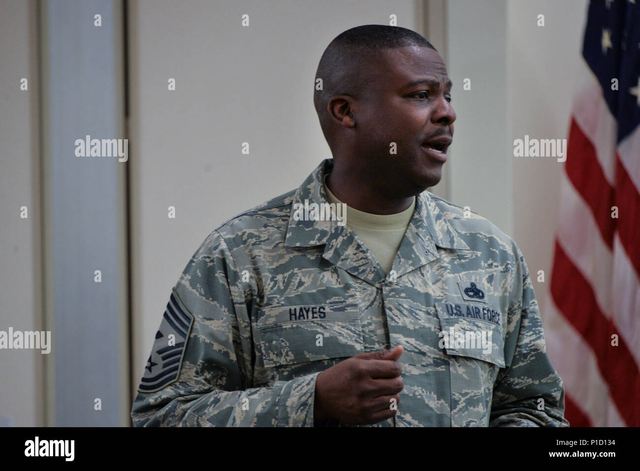 Chief Master Sgt. Henry Hayes, Air Combat Command First Sergeant, gives ...
