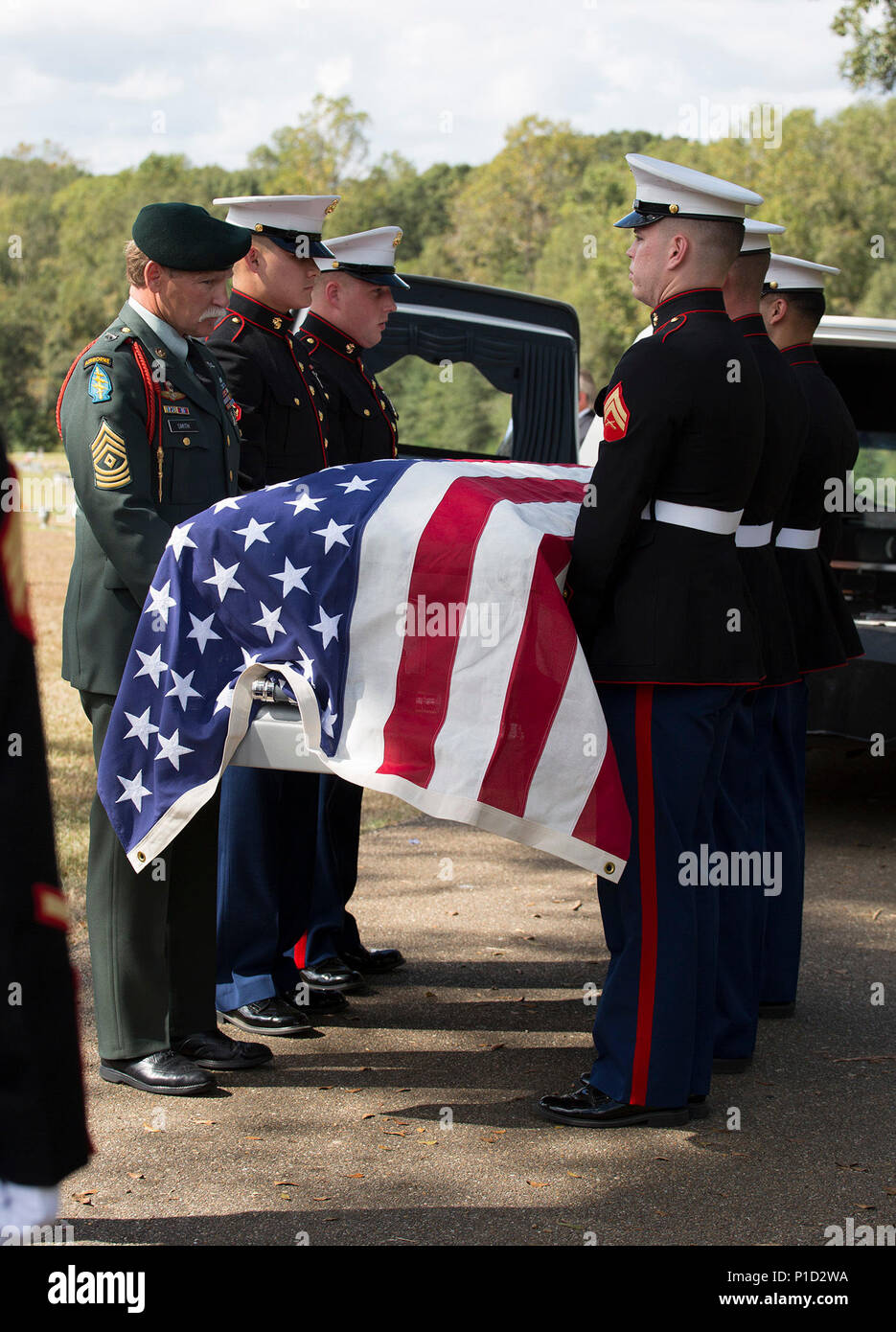 U.S. Marines from Marine Forces Reserve and retired Army Sgt. 1st Class Carey Smith, carry the ...