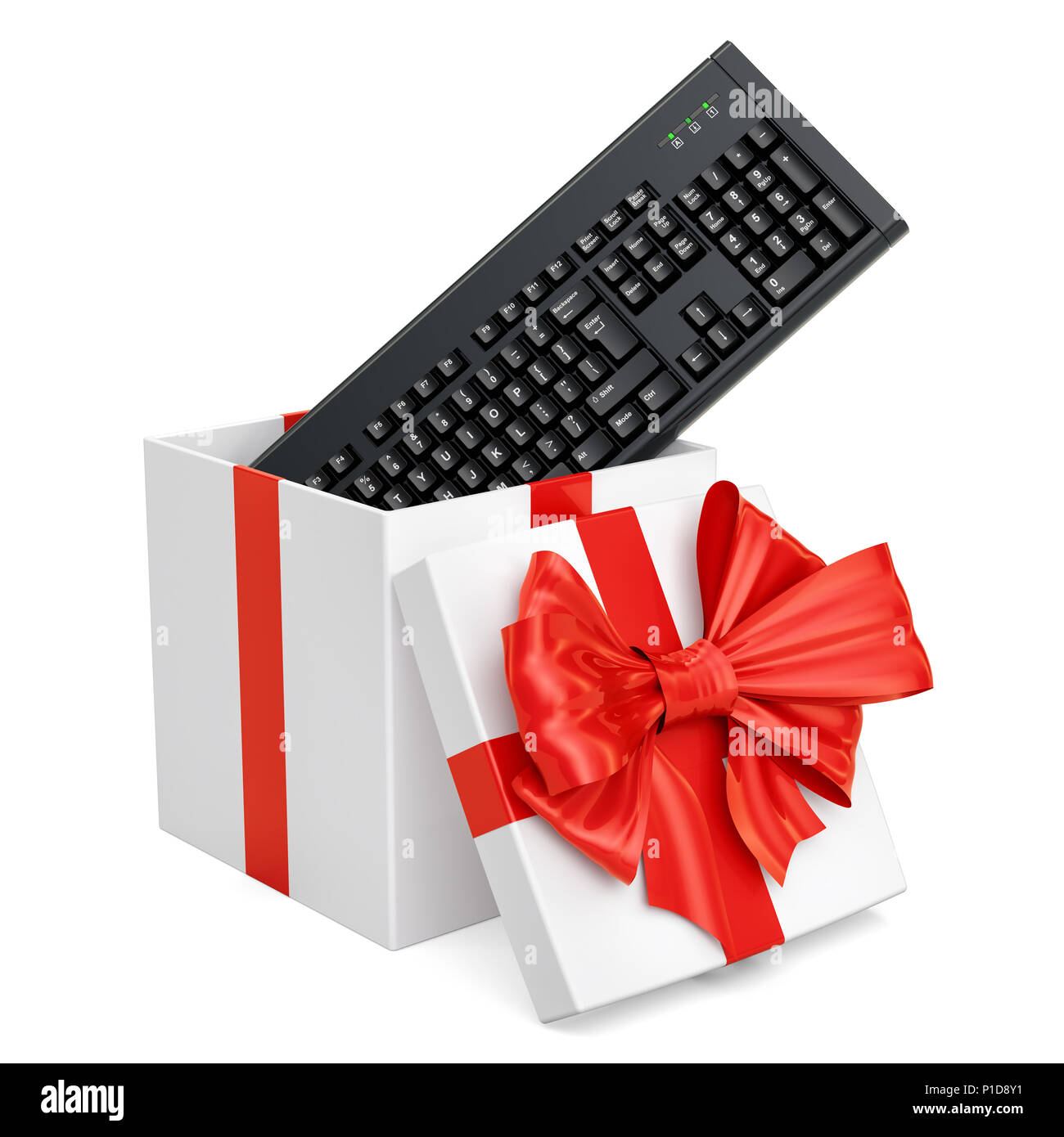 Gift box with wireless computer keyboard, 3D rendering isolated on ...