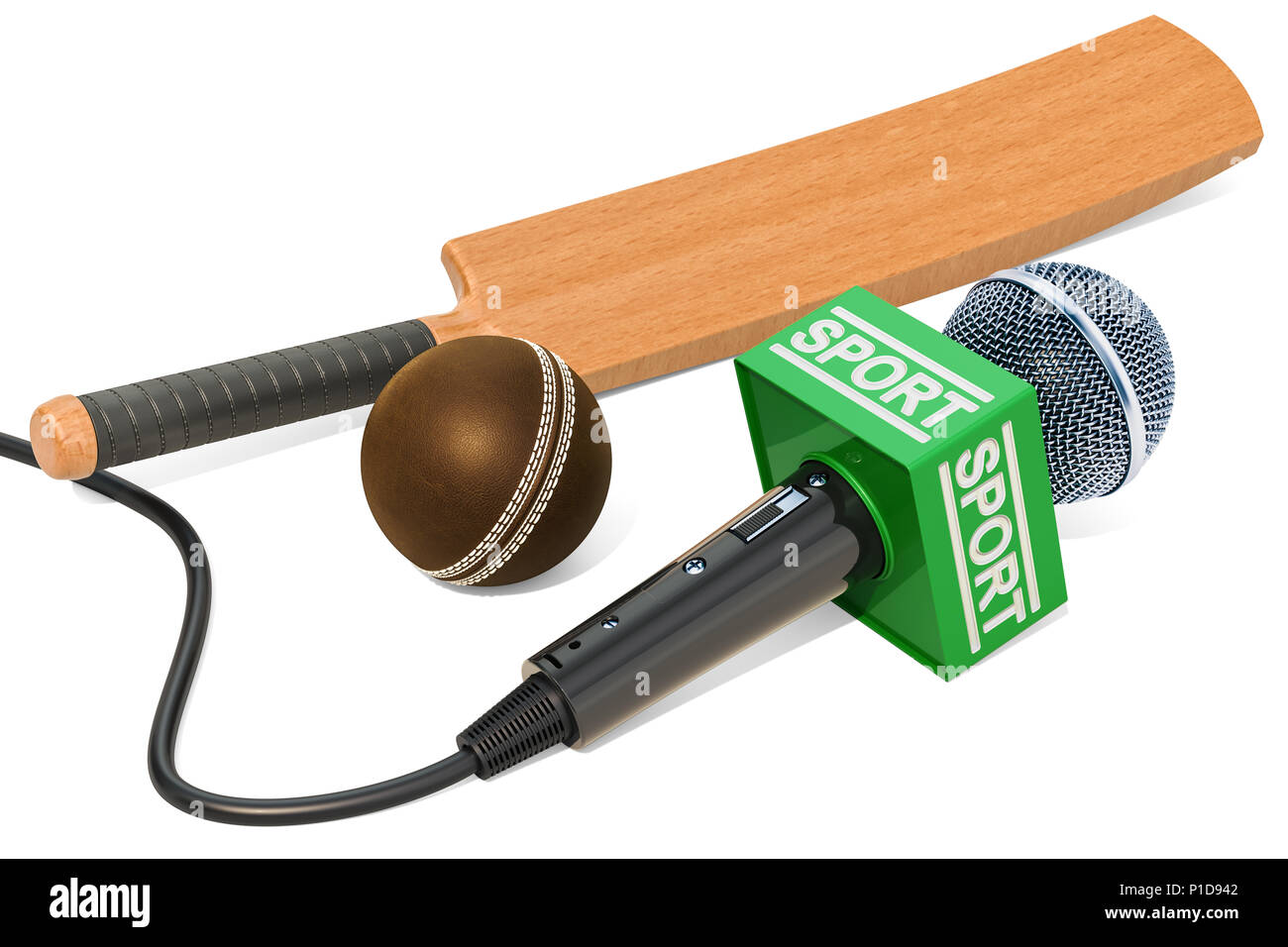 Cricket News concept. Microphone sport news with cricket ball and bat ...