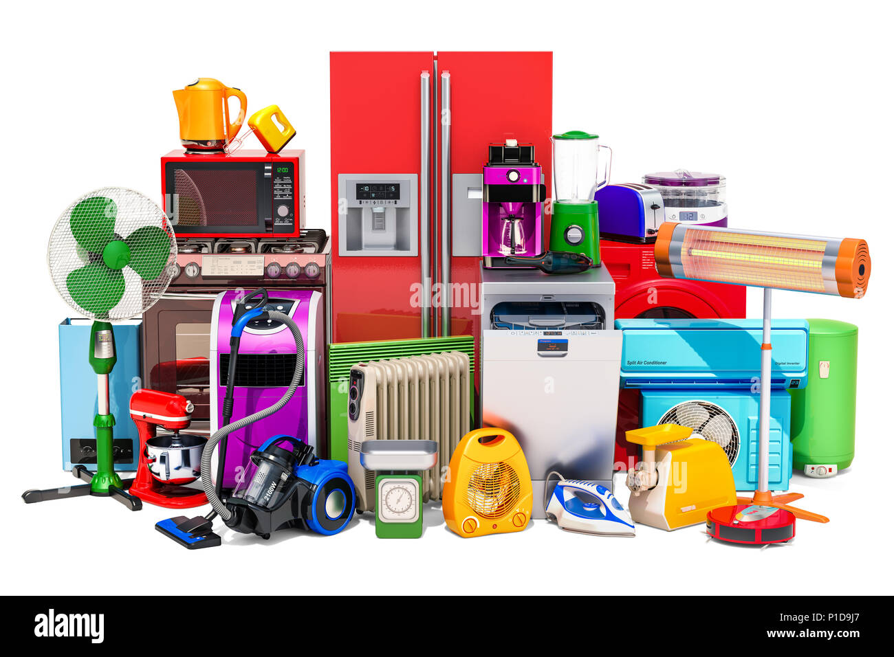 Set of colored kitchen and household appliances. 3D rendering isolated ...