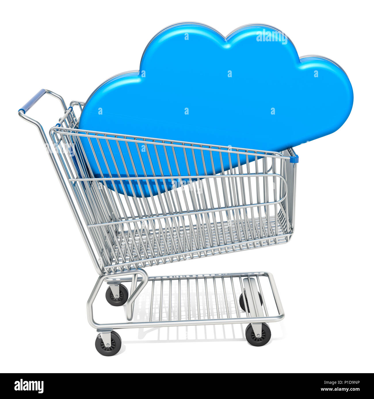 Shopping cart with cloud service sign, 3D rendering isolated on white ...