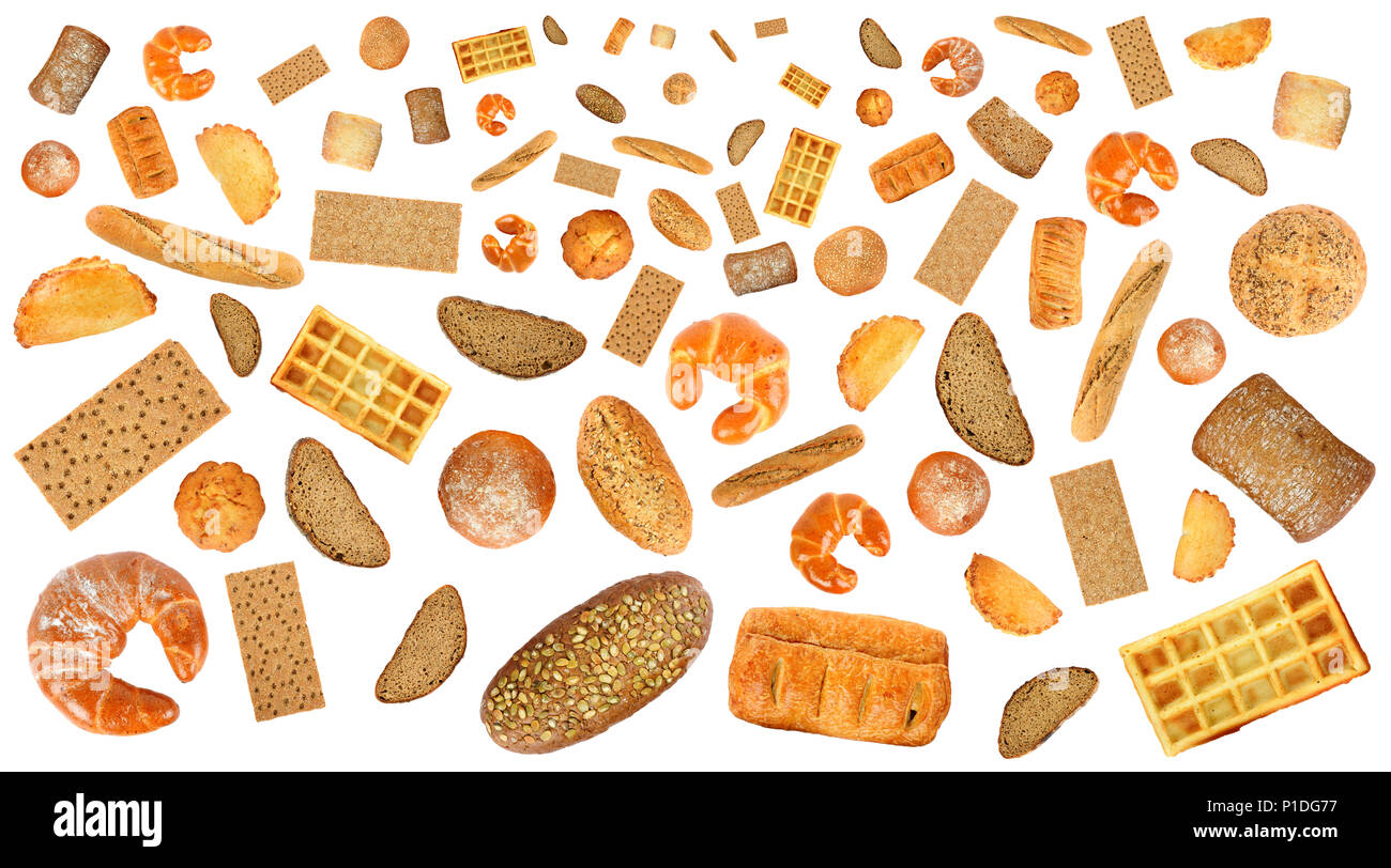 Variety of bread products for layout isolated on white background ...