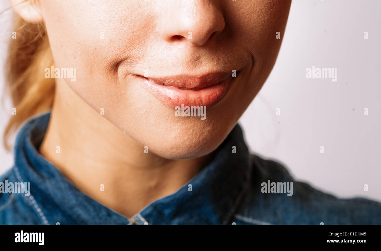 Cute woman smile without teeth unrecognizable image Stock Photo - Alamy