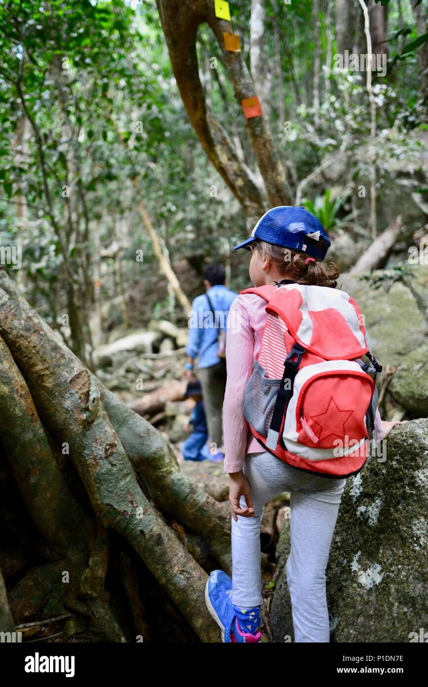Mother and daughters walk through a rocky outcrop in a forest, Paluma ...
