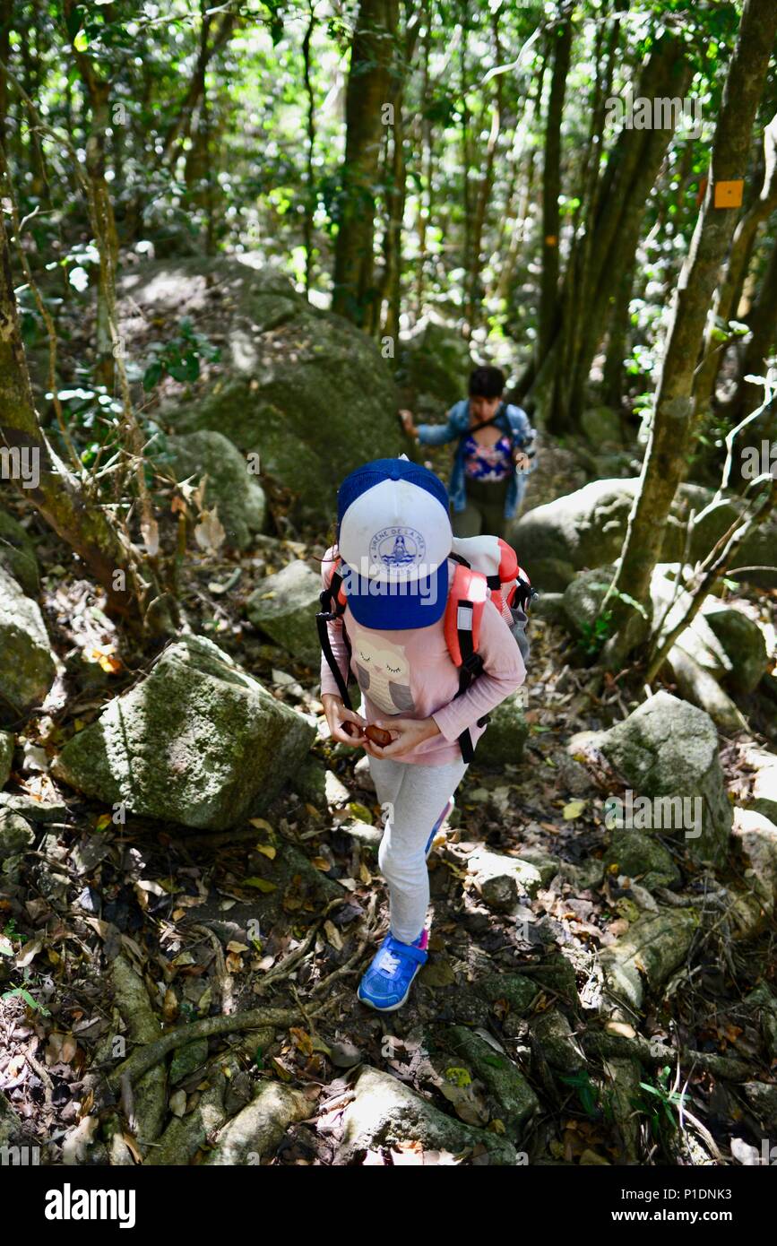 Mother and daughter walk through a rocky outcrop in a forest, Paluma ...