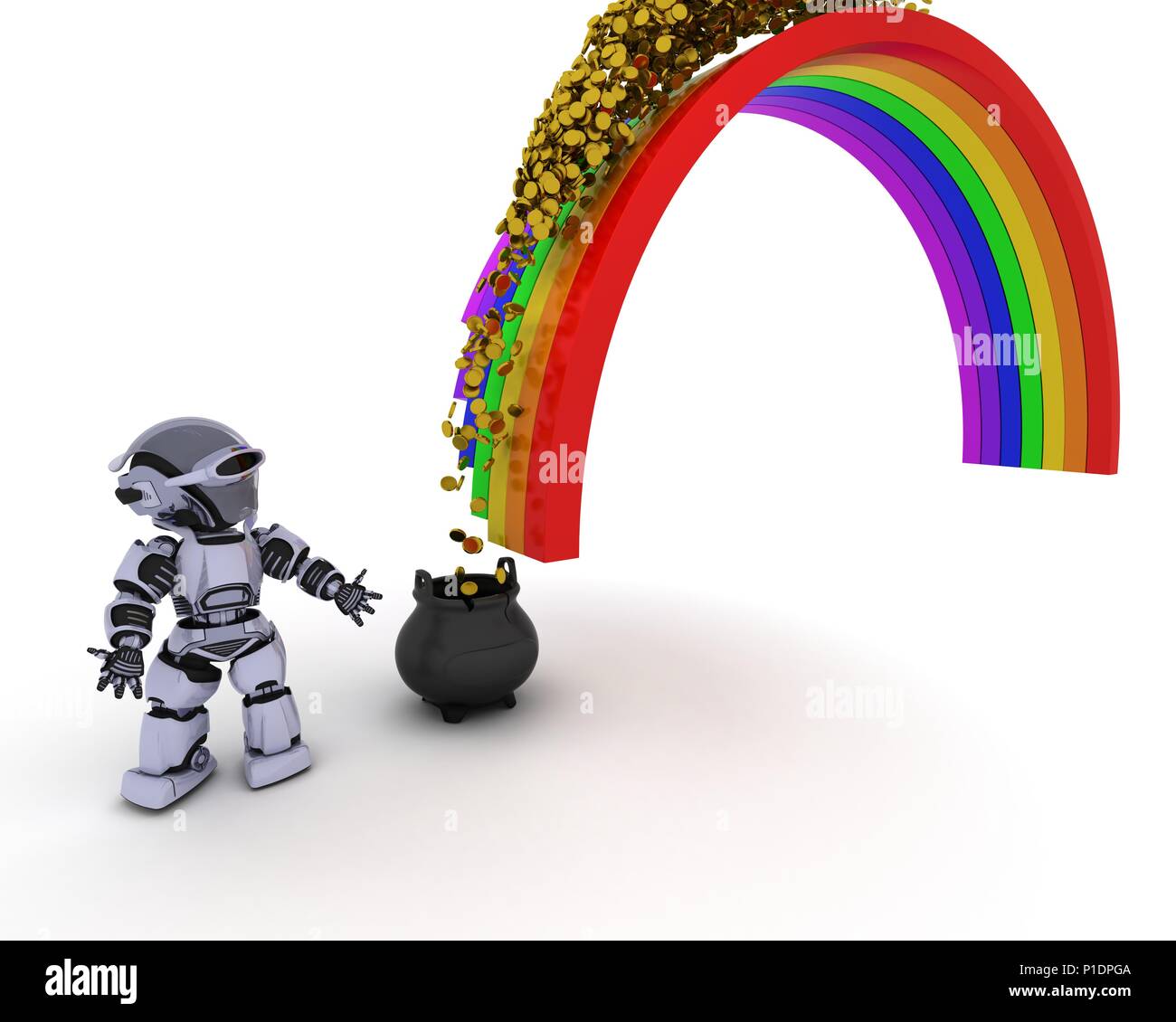 3d render of robot with pot of gold at the end of the rainbow Stock ...