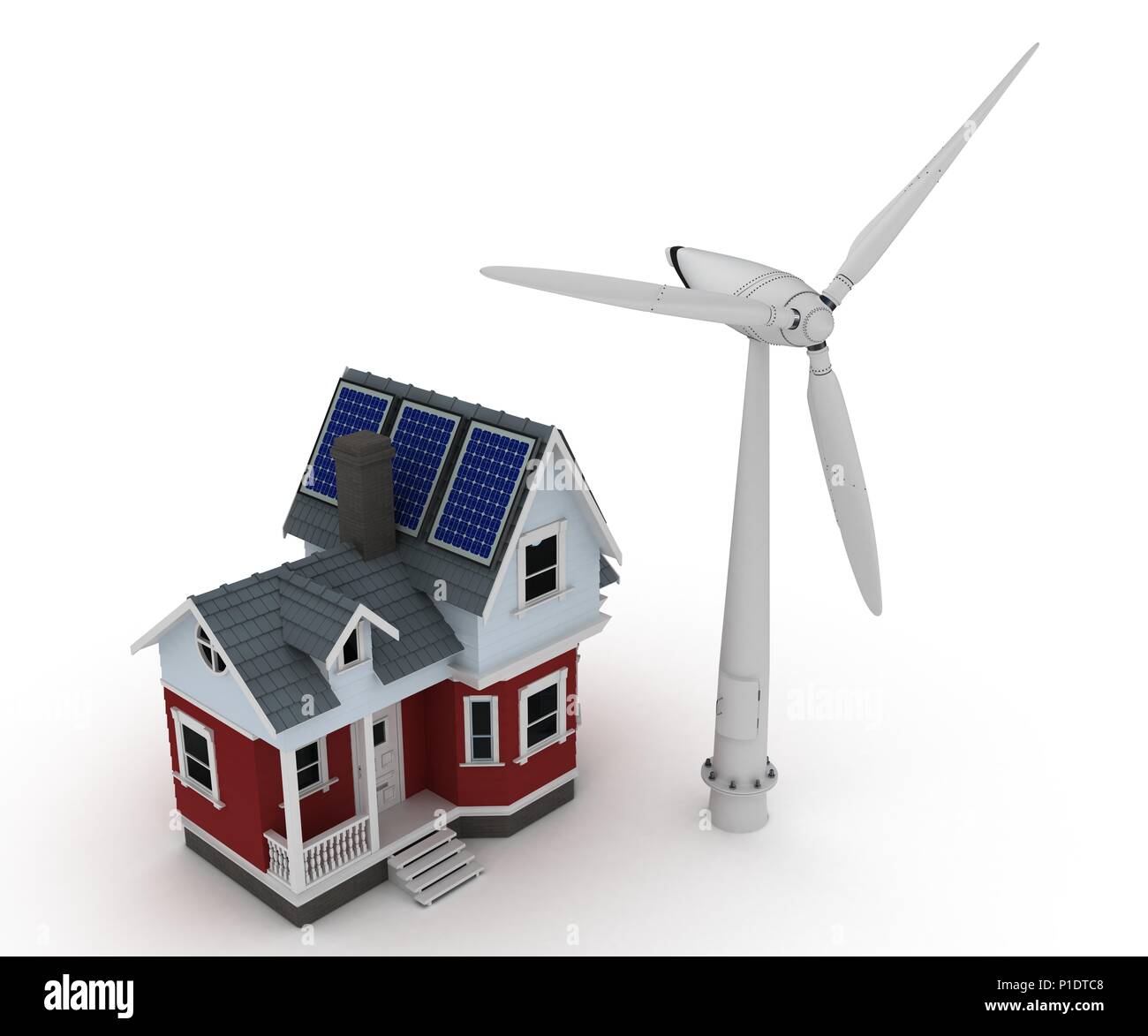 3d render of Solar panels on a house with wind turbine Stock Photo - Alamy
