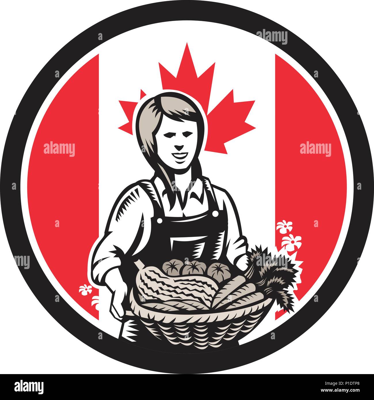Icon retro style illustration of a Canadian female organic farmer ...