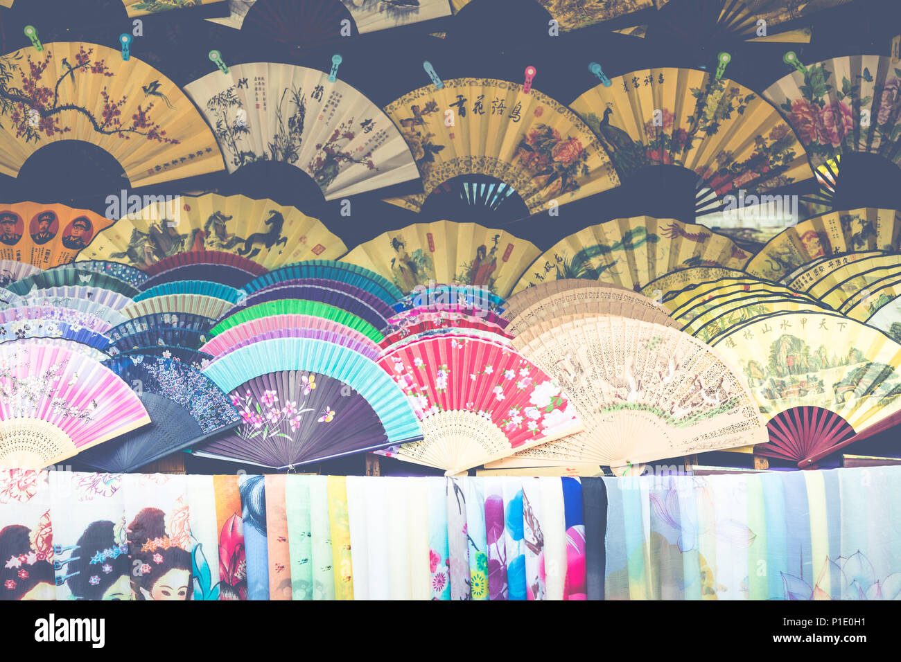Traditional handicraft chinese fans at market in Yangshuo, China Stock ...
