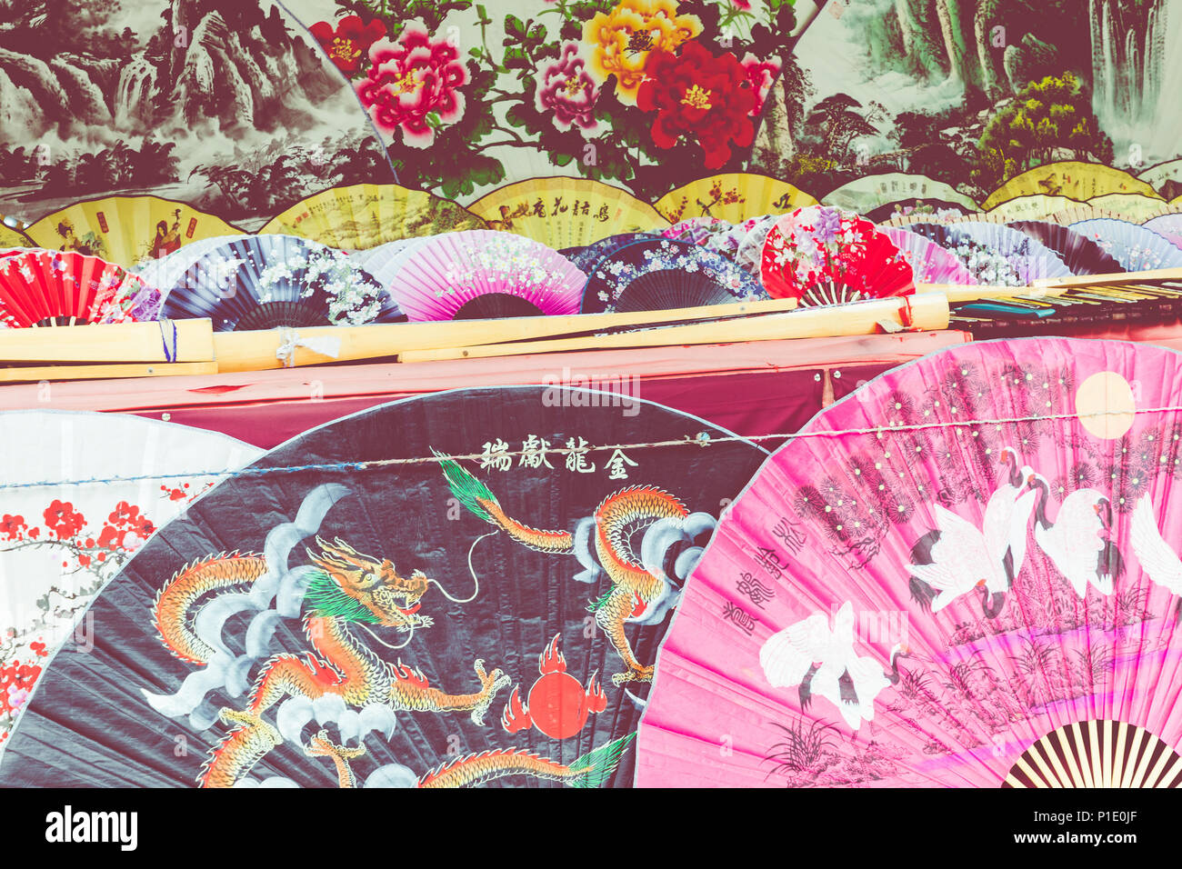 Traditional handicraft chinese fans at market in Yangshuo, China Stock ...