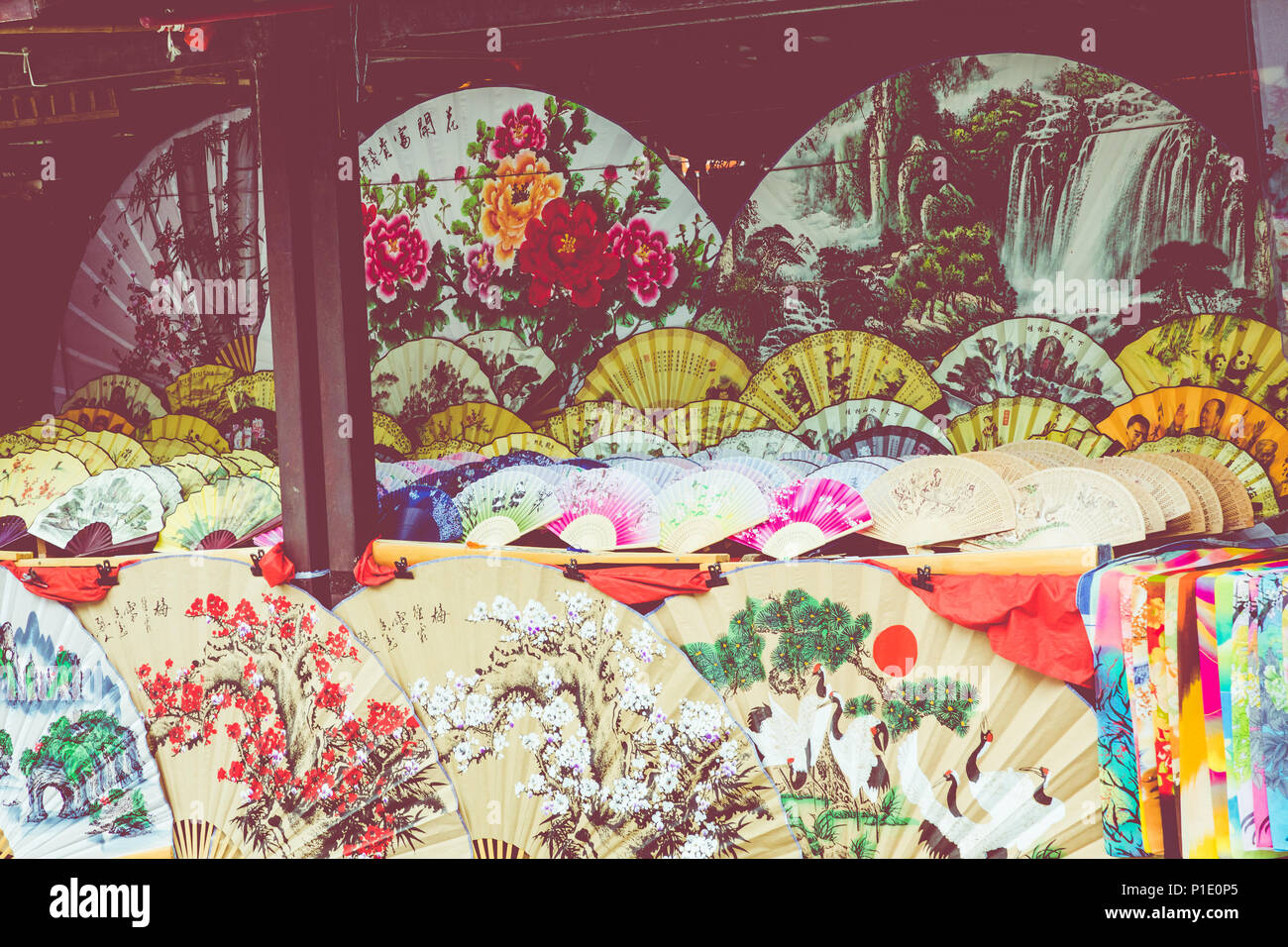 Traditional handicraft chinese fans at market in Yangshuo, China Stock ...