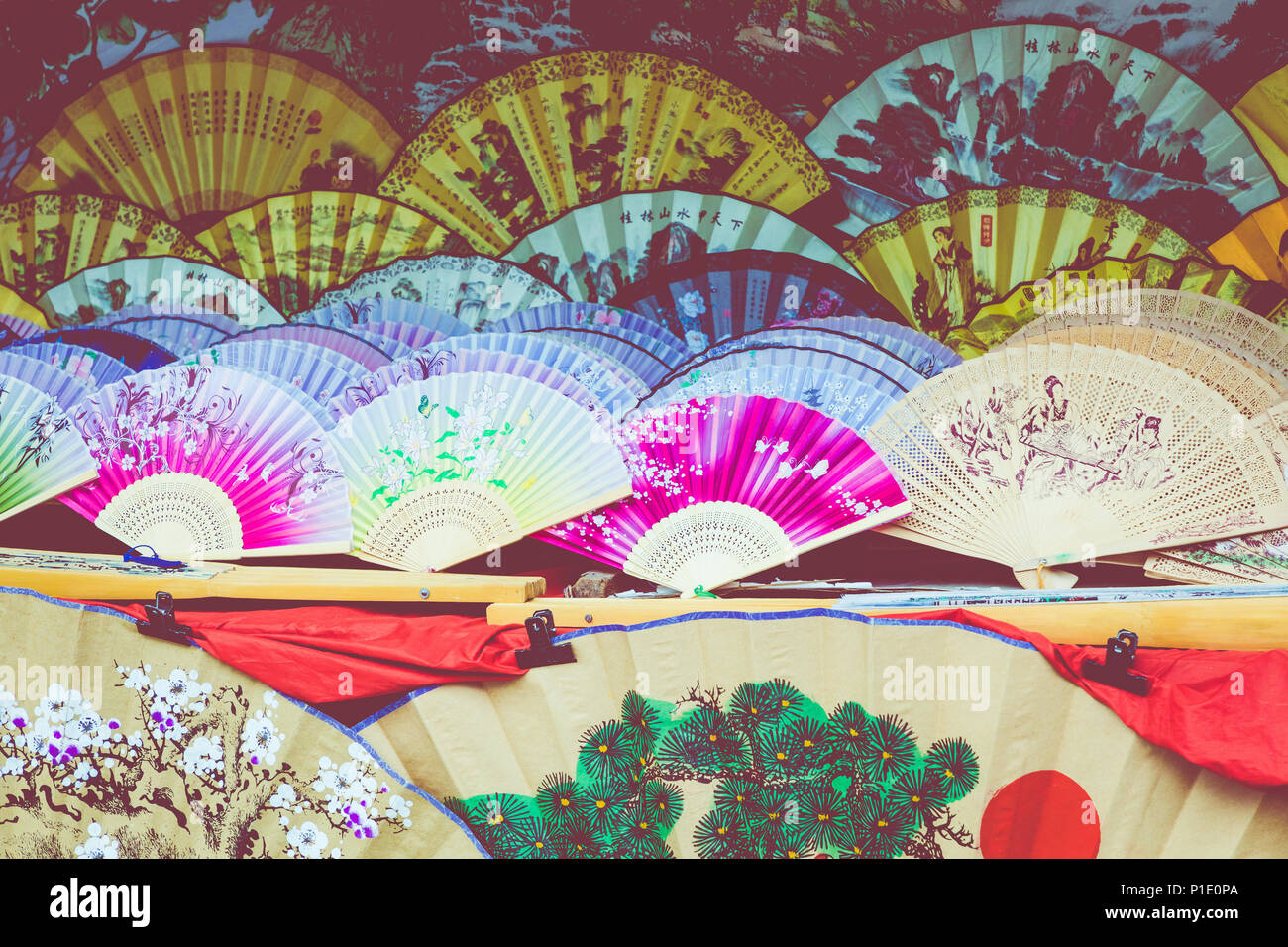 Traditional handicraft chinese fans at market in Yangshuo, China Stock ...