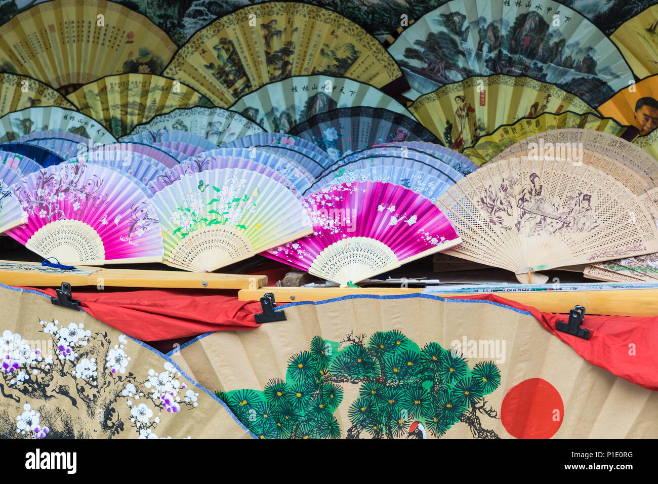 Traditional handicraft chinese fans at market in Yangshuo, China Stock ...