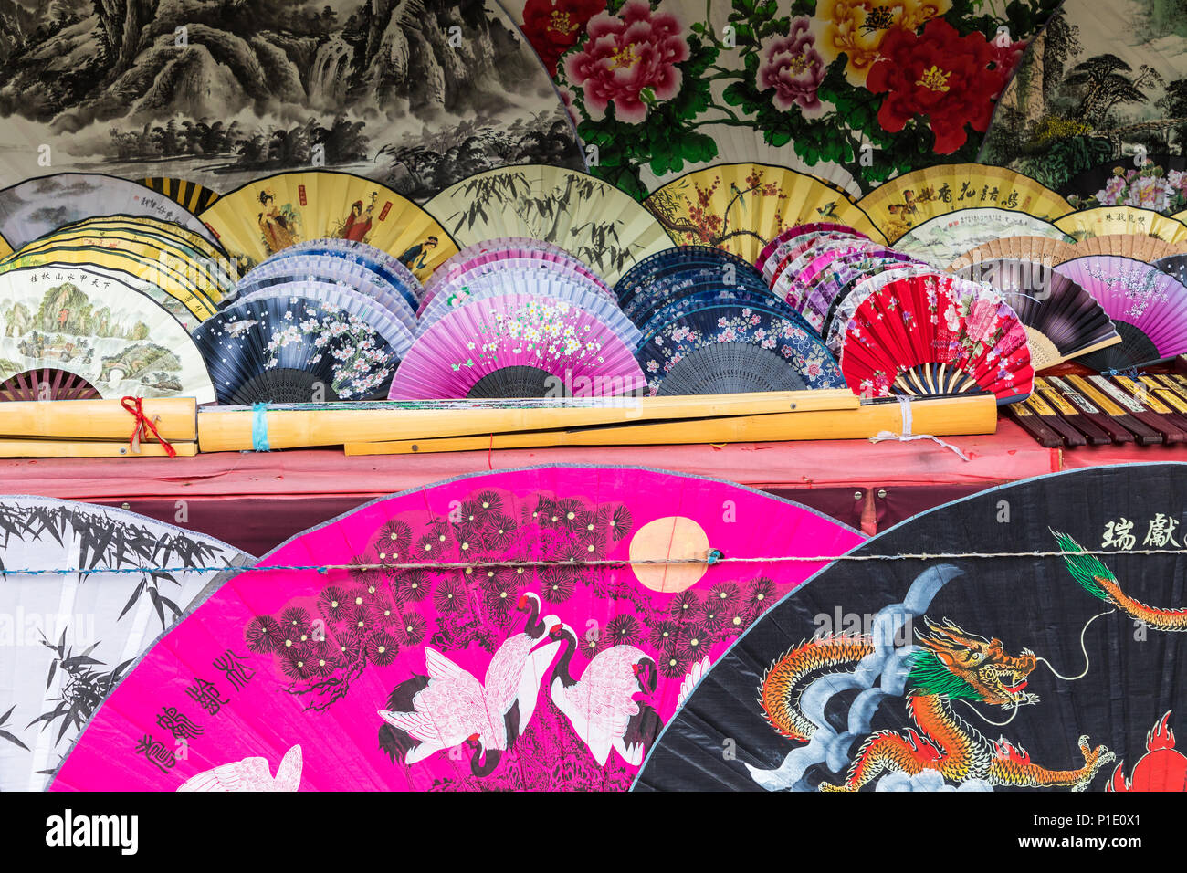 Traditional handicraft chinese fans at market in Yangshuo, China Stock ...