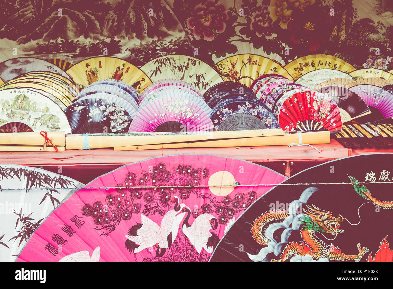 Traditional handicraft chinese fans at market in Yangshuo, China Stock ...