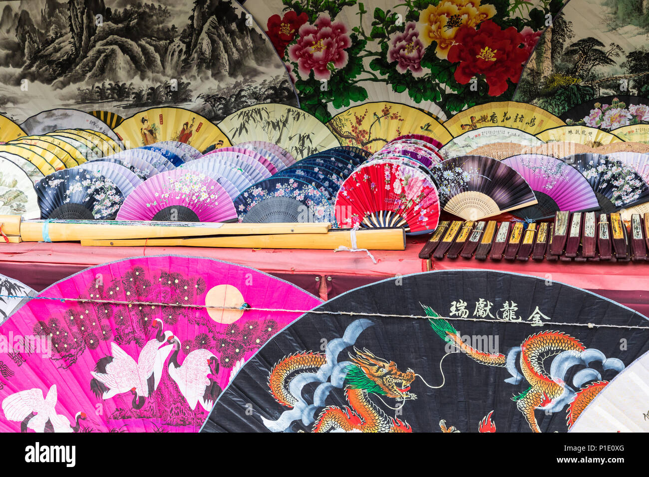 Traditional handicraft chinese fans at market in Yangshuo, China Stock ...