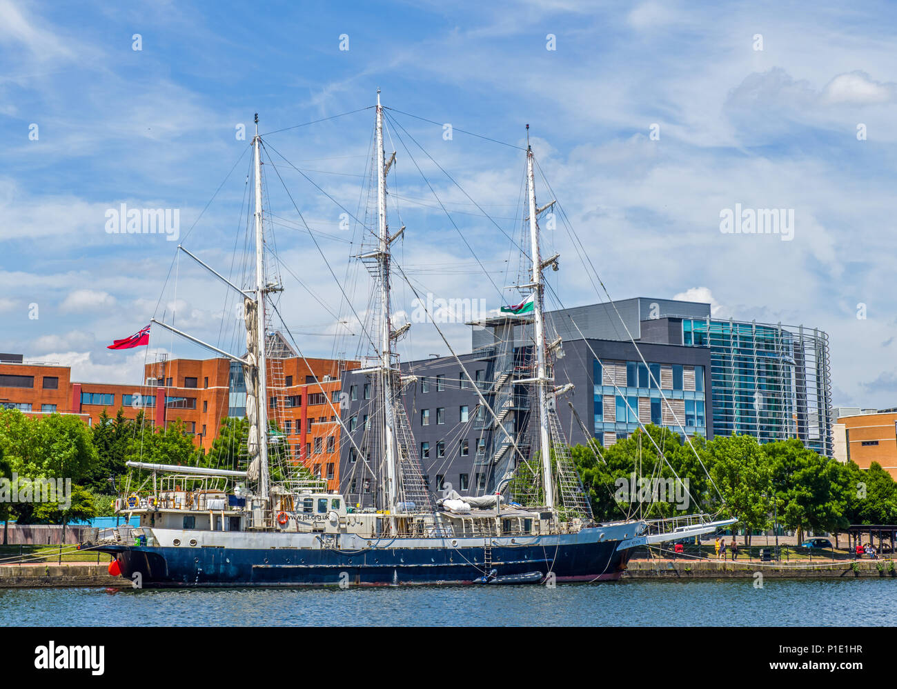 Lord Nelson, a sail training vessel, moored up in Cardiff Bay June 2018 ...