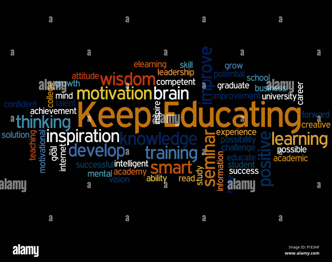 Keep educating, word cloud concept on black background Stock Photo - Alamy