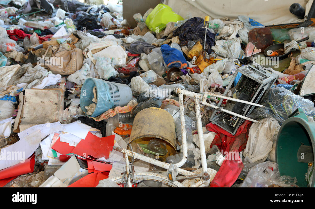 broken objects in the homeless shelter with dirty rags and damaged ...