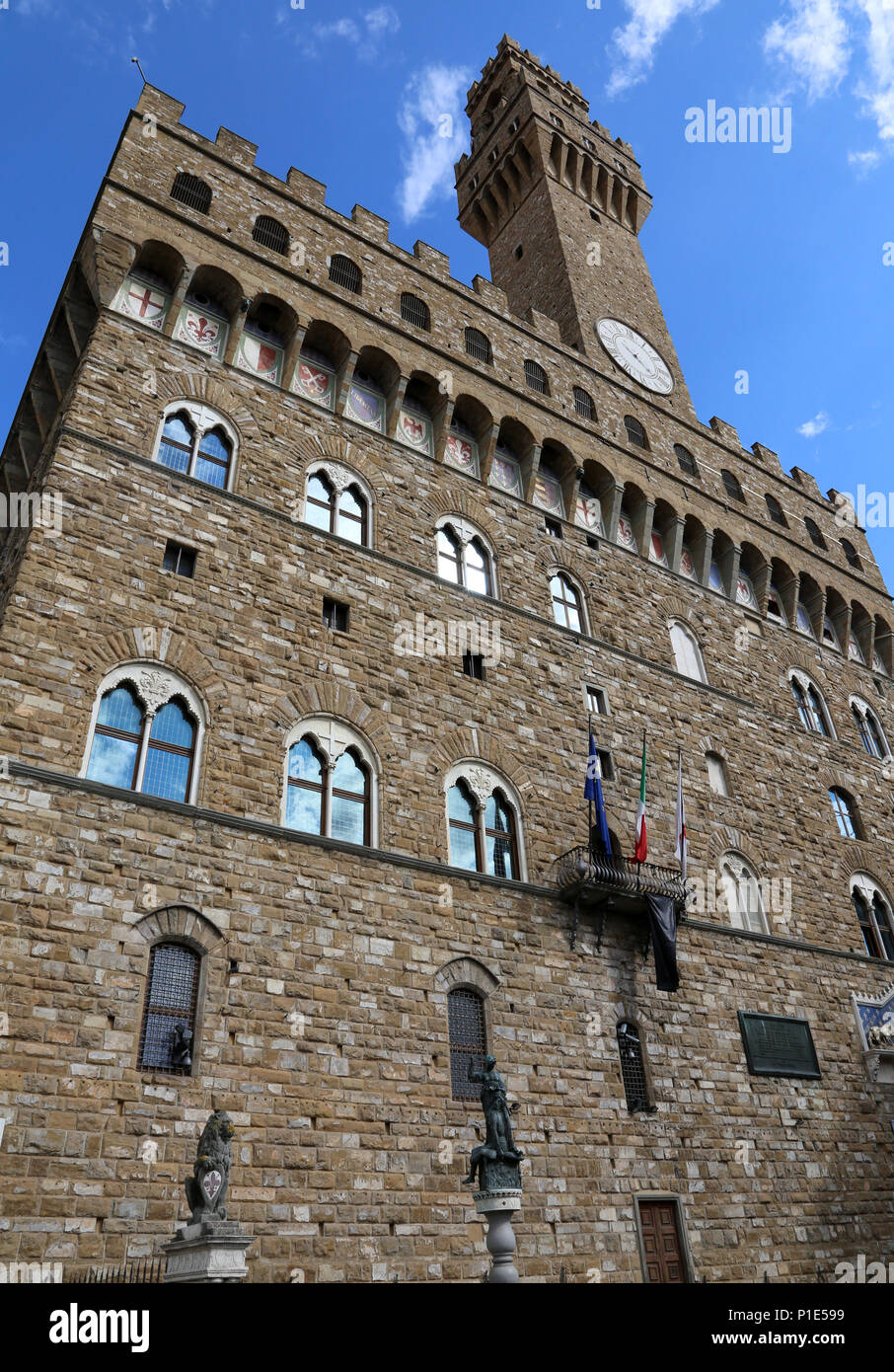 Florence Italy Big high tower over the main facade of the old palazzo ...