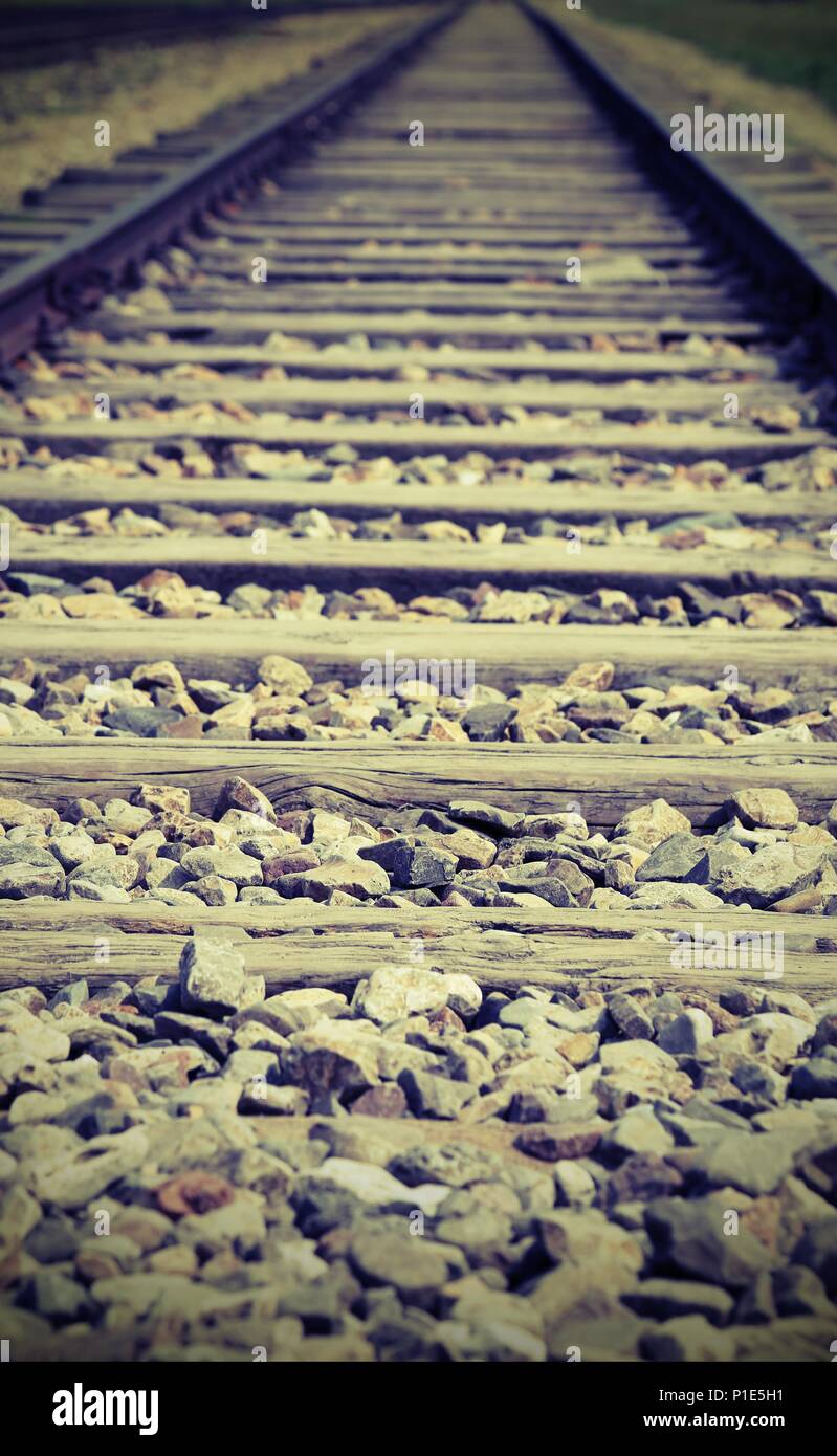 Long train tracks leading to infinity with antique effect Stock Photo ...