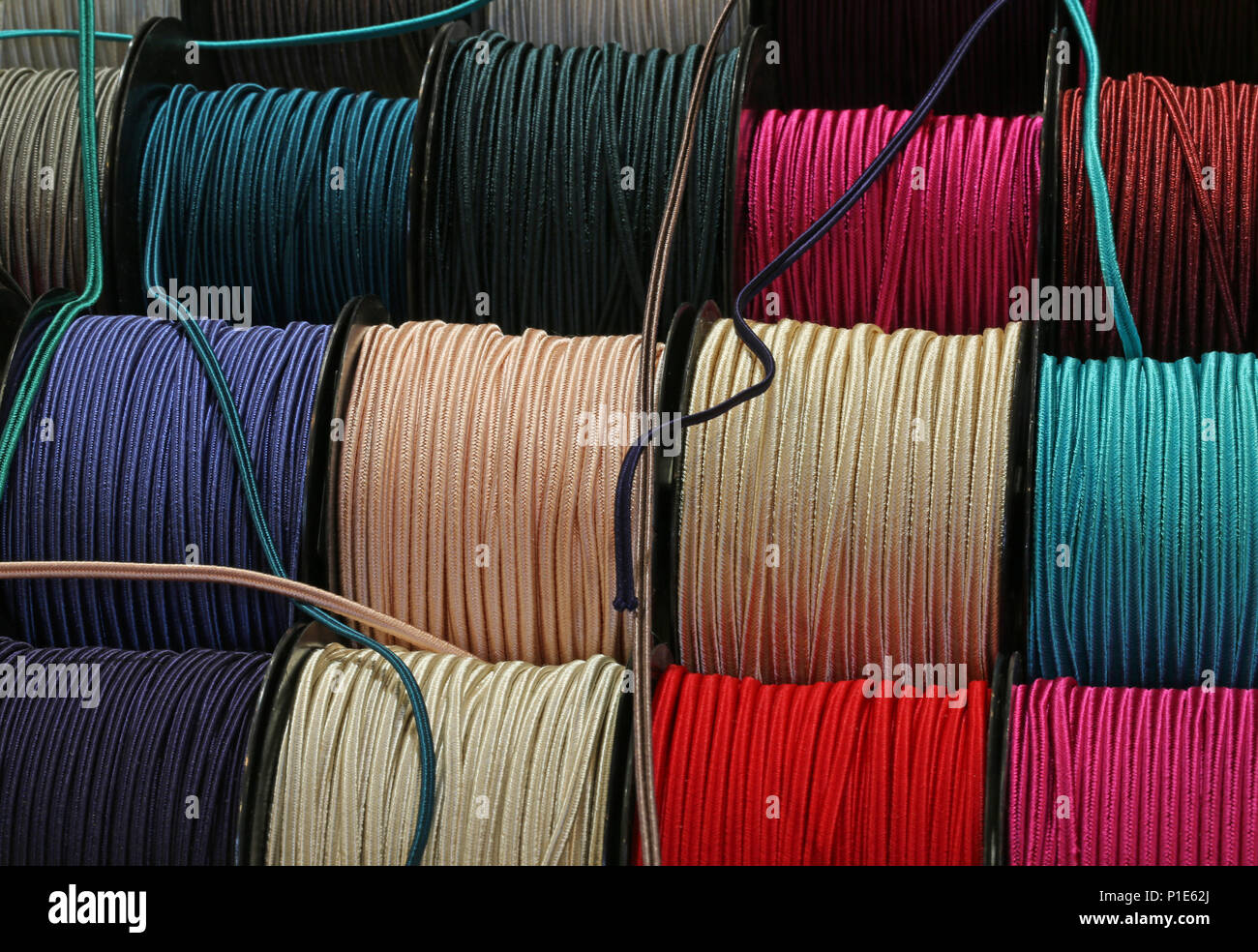 Many rolls with string for sale in the haberdashery shop to hobby ...