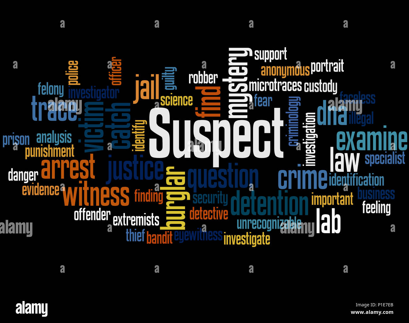 Suspect, word cloud concept on black background Stock Photo - Alamy